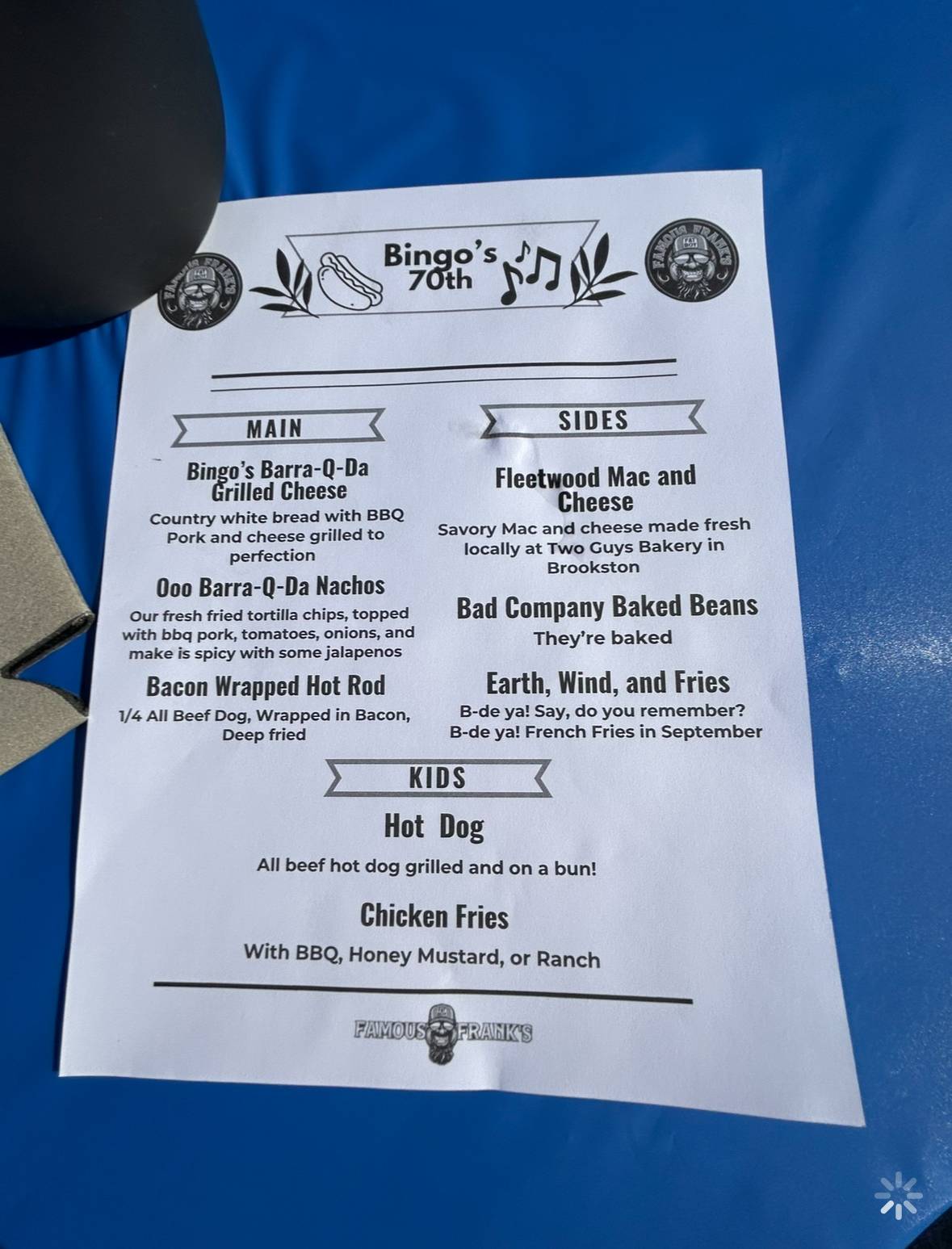 Menu at Famous Frank's restaurant, West Lafayette