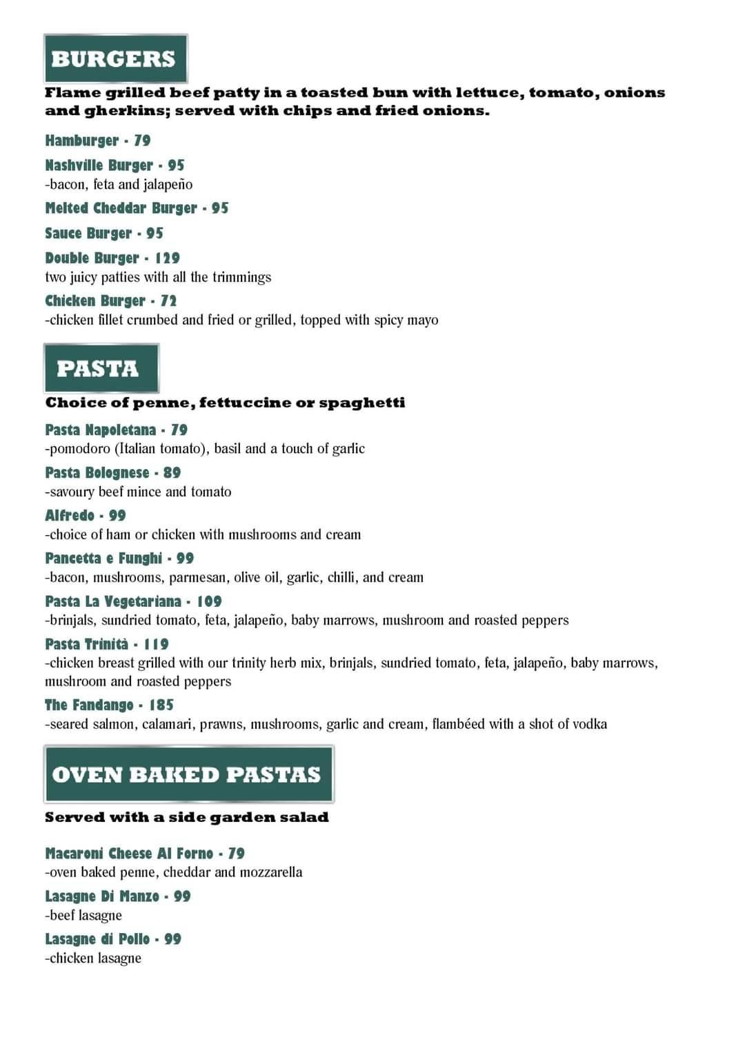 Menu at Fandangos restaurant, Vereeniging