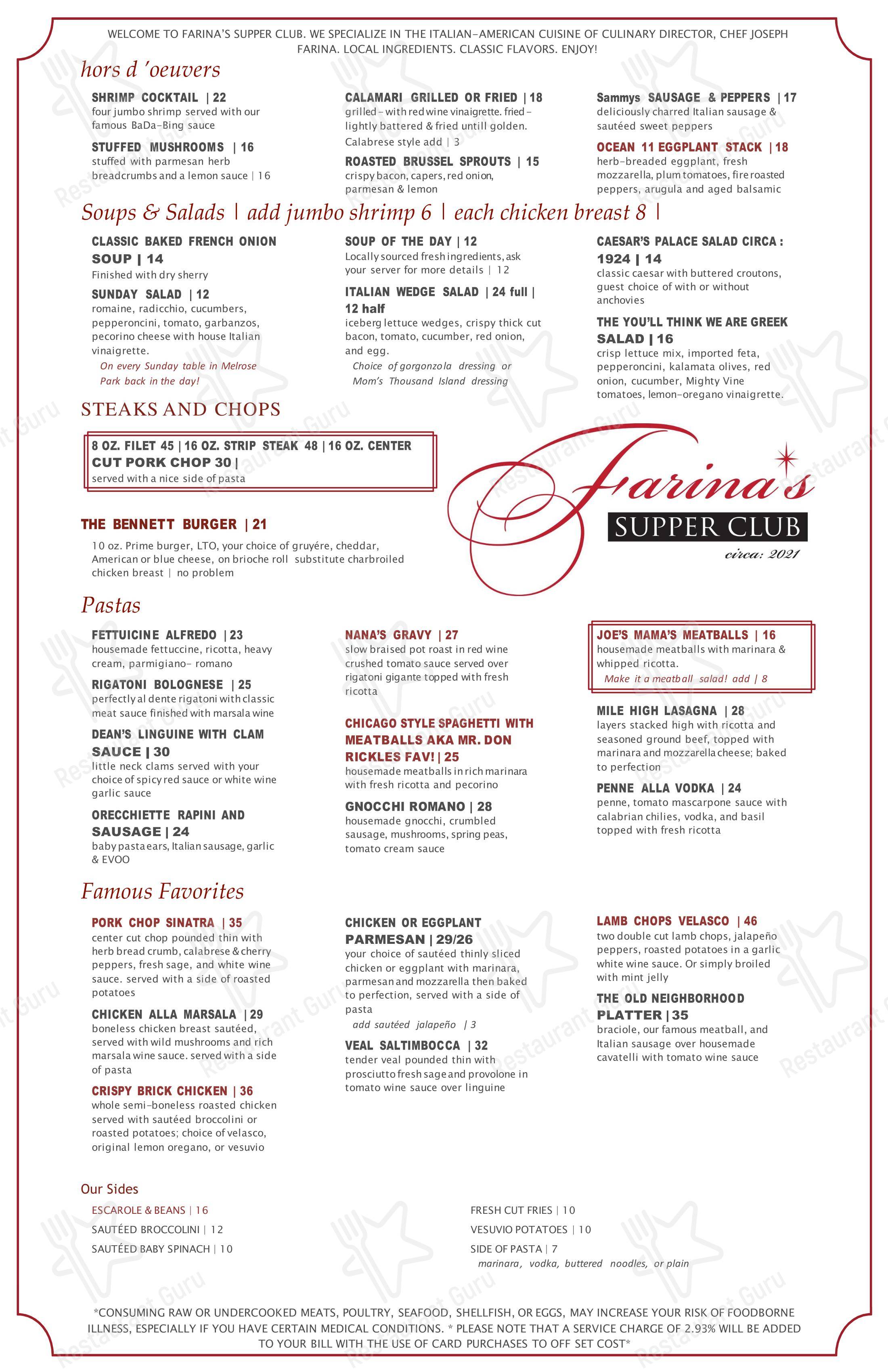 Menu at Farina's Supper Club, Michigan City