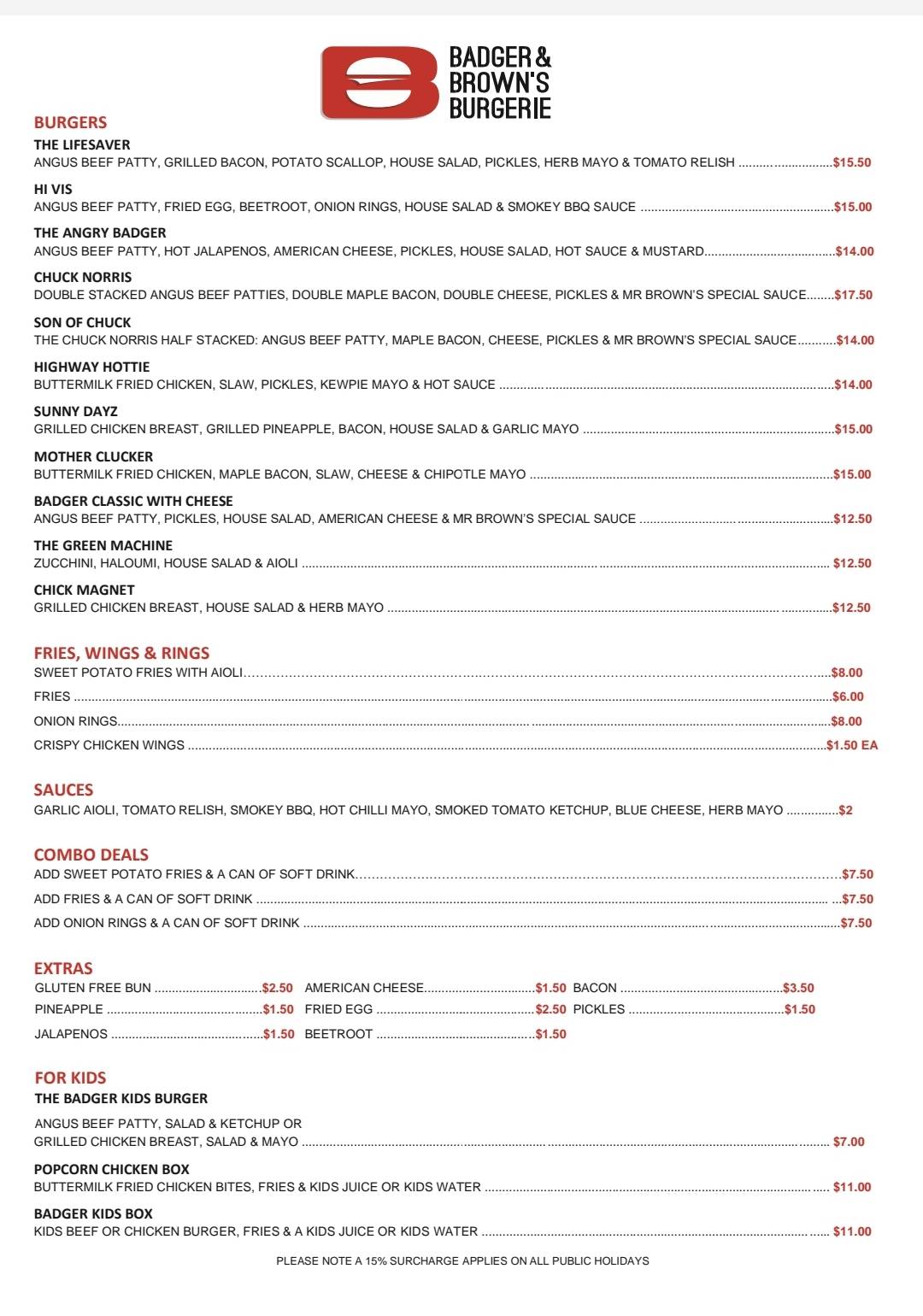 Menu at Badger & Brown's Burgerie fast food, Hervey Bay