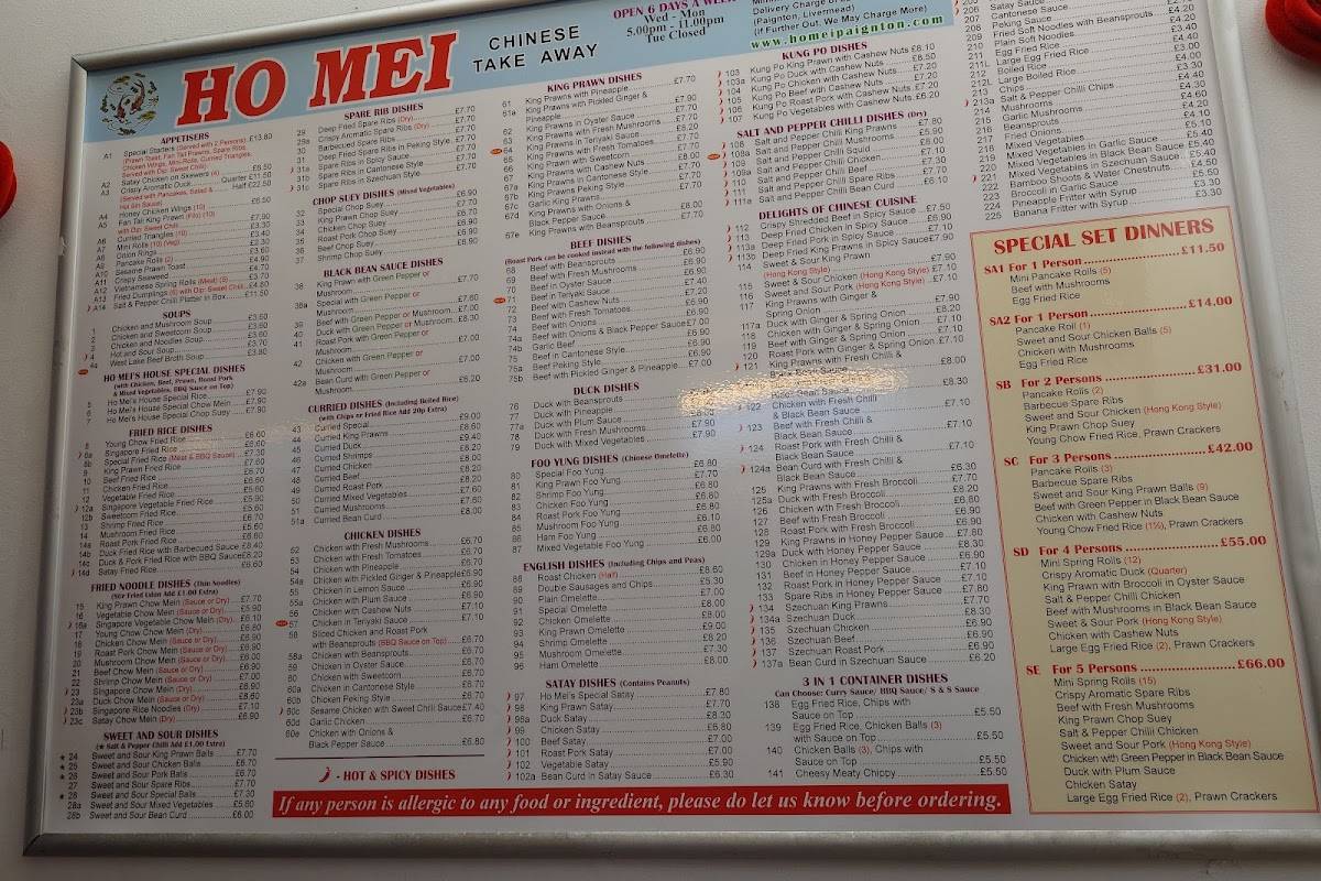 Menu at Ho Mei fast food, Paignton