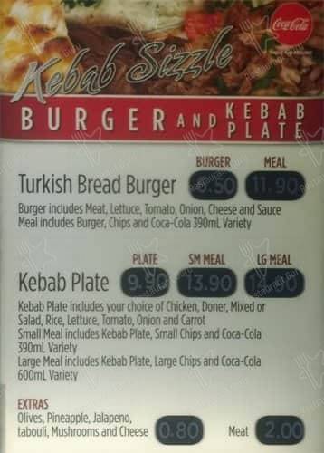 Menu at Kebab Sizzle restaurant, West End