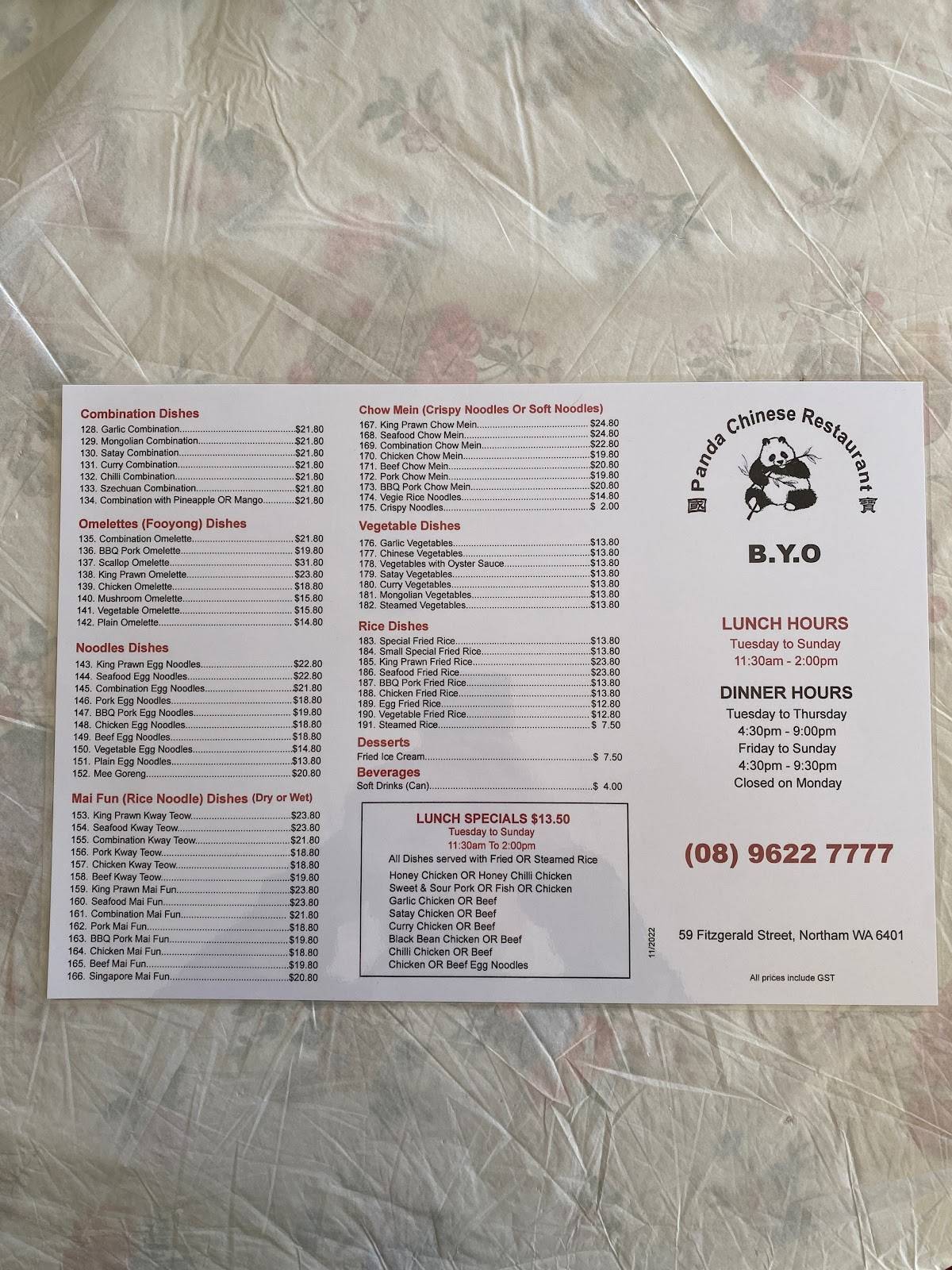 Menu at Panda Chinese Restaurant & Take Away, Northam
