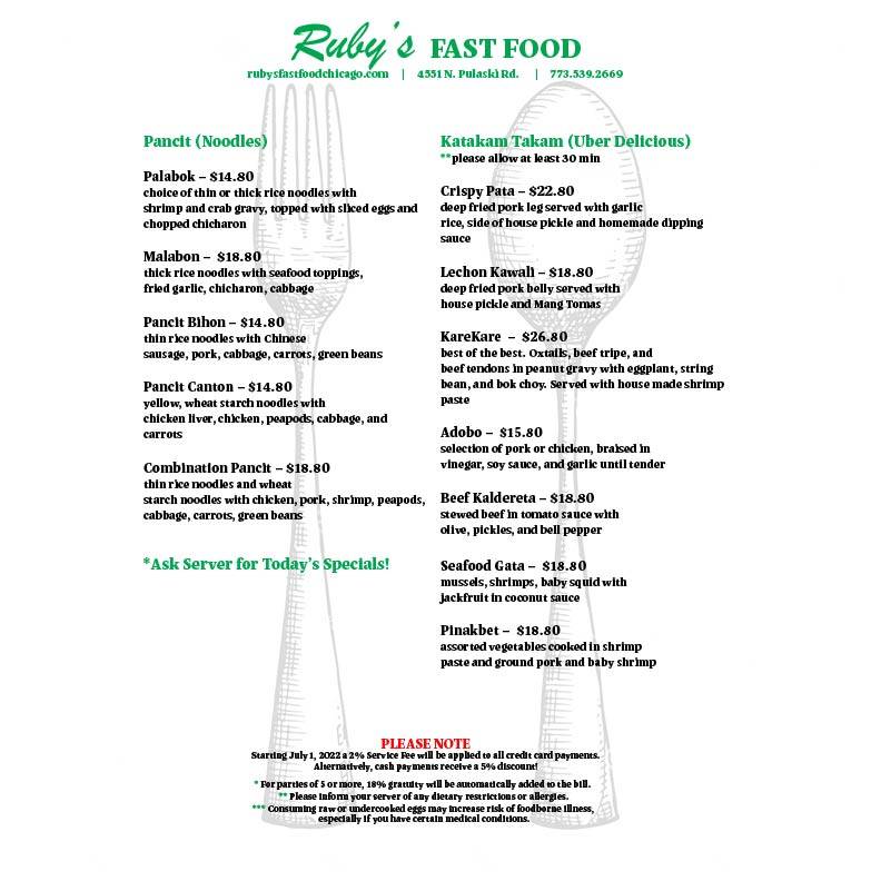 Menu at Ruby's Fast Food, Chicago