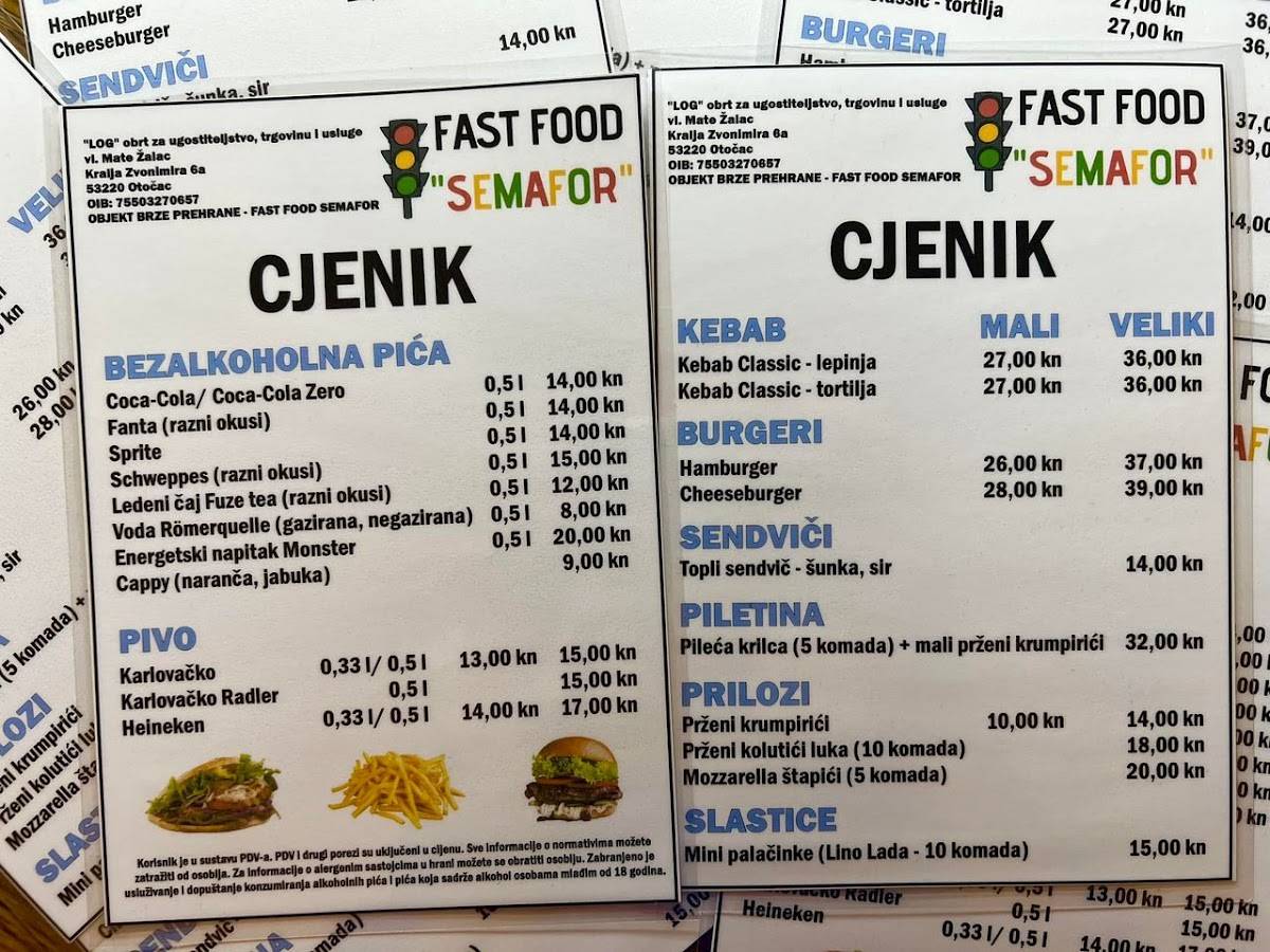 Menu at Fast food "Semafor", Otočac