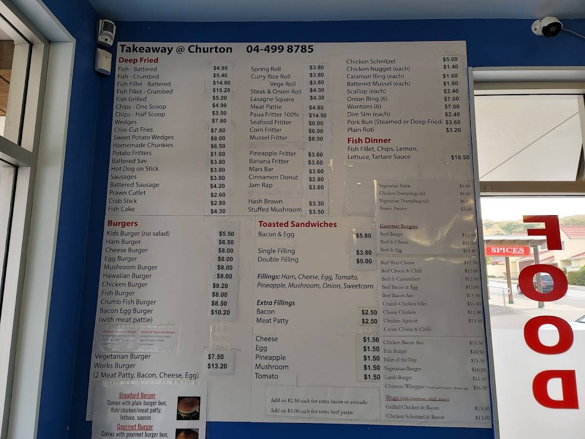 Menu at Takeaway@Churton fast food, Wellington
