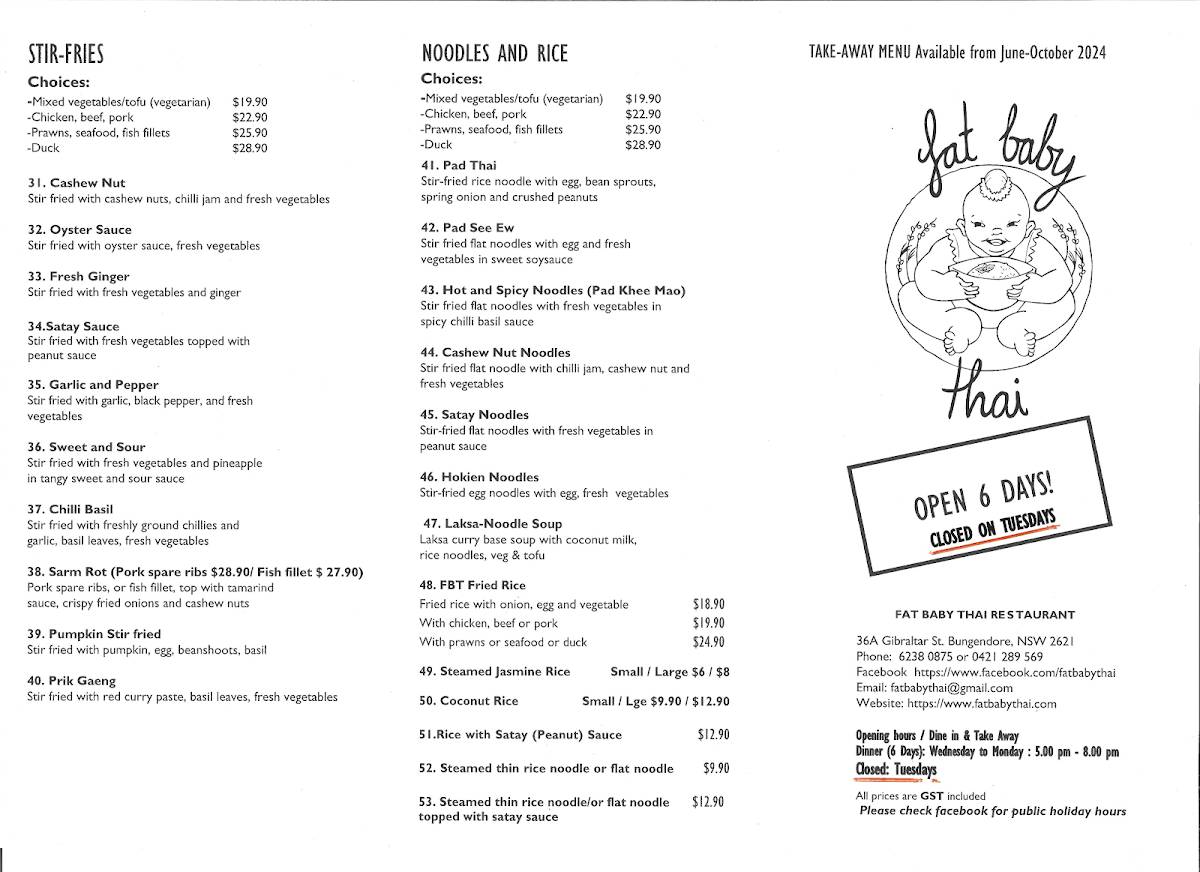 Menu at Fat Baby Thai restaurant, Bungendore