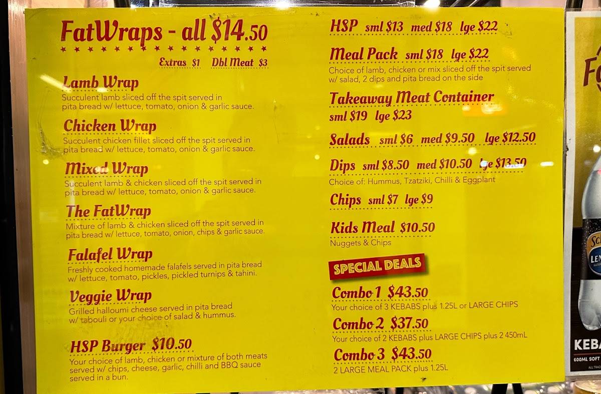 Menu at Fat wraps restaurant, Mill Park