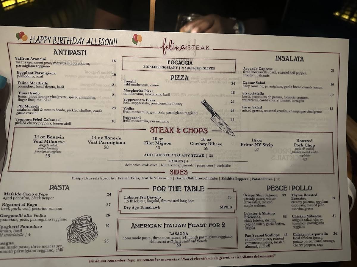 Menu at Felina Steak - Jersey City steakhouse, Jersey City