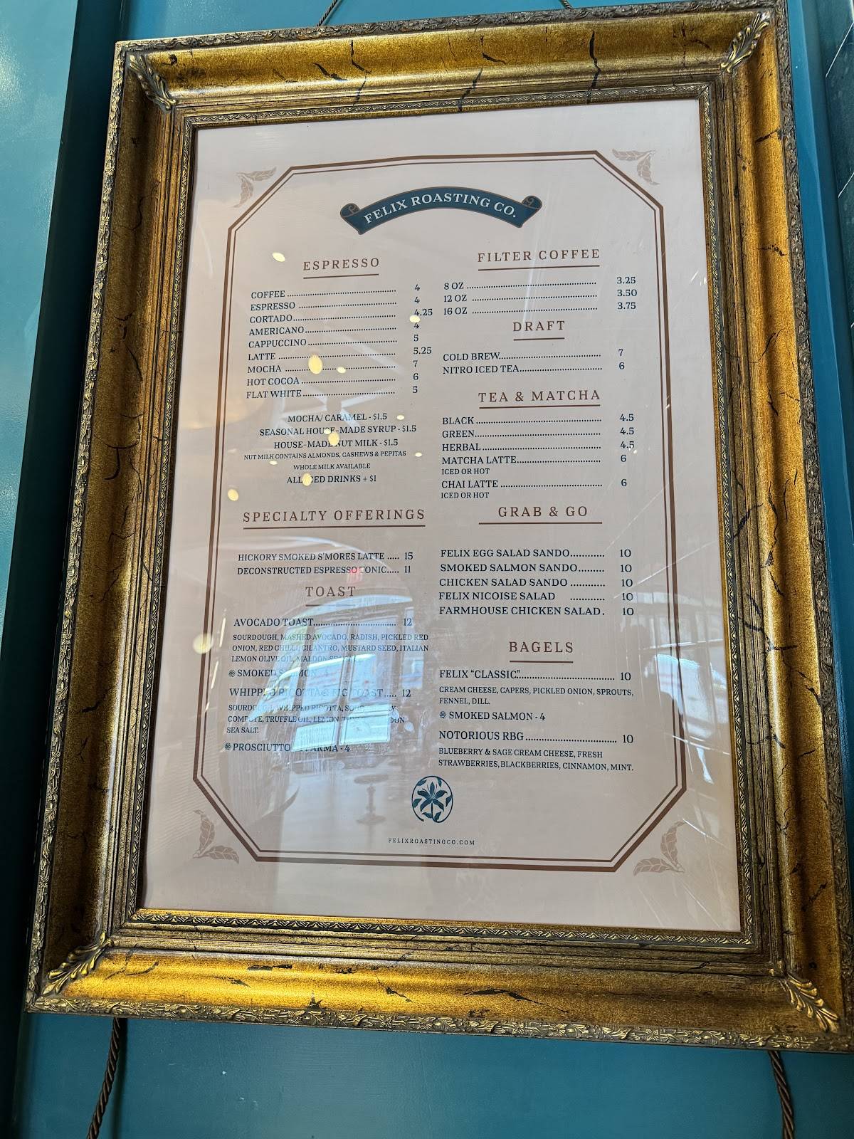 Menu at Felix Roasting Co. cafe, New York City, 450 Park Ave S