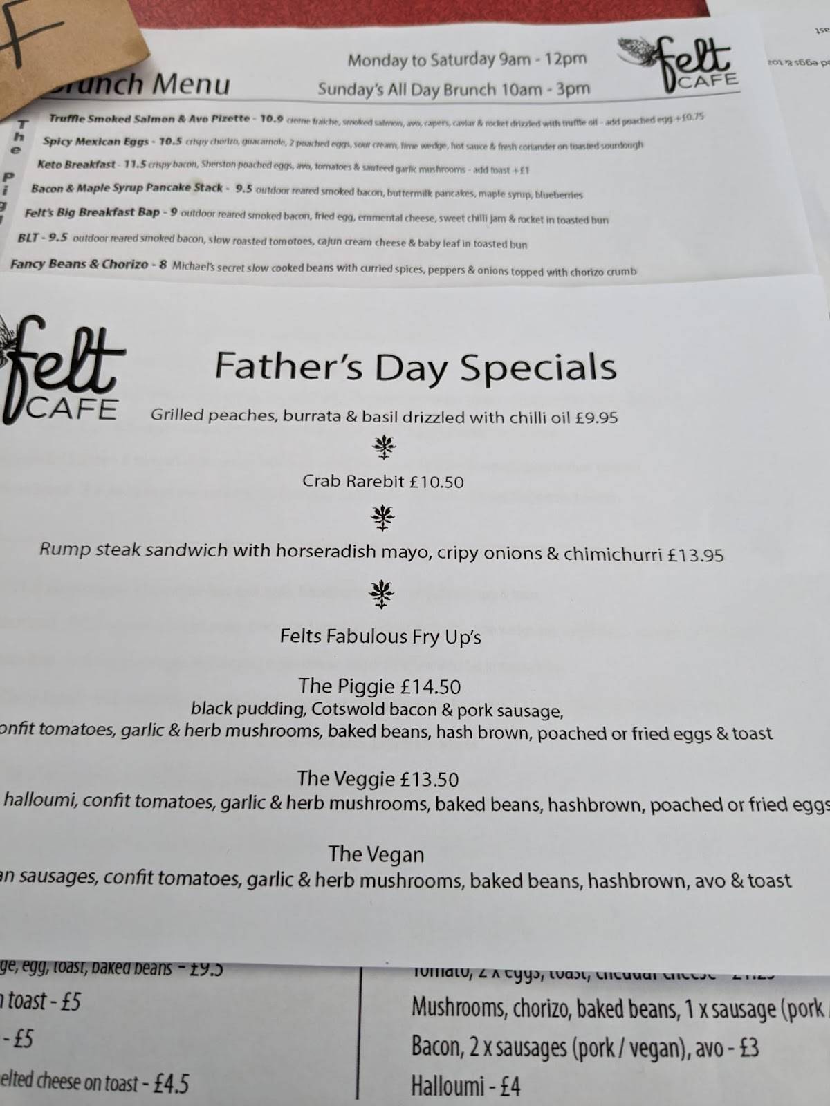 Menu at Felt Cafe, Stroud