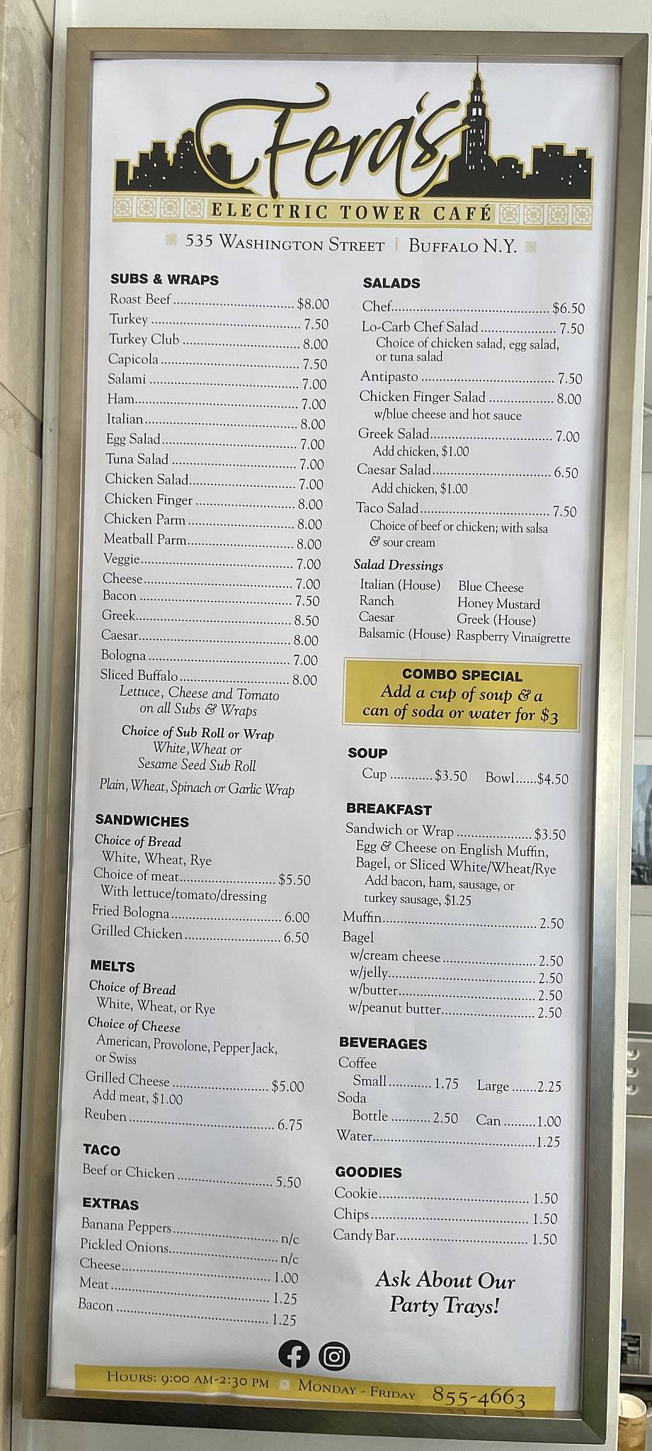 Menu at Fera's Electric Tower Cafe, Buffalo