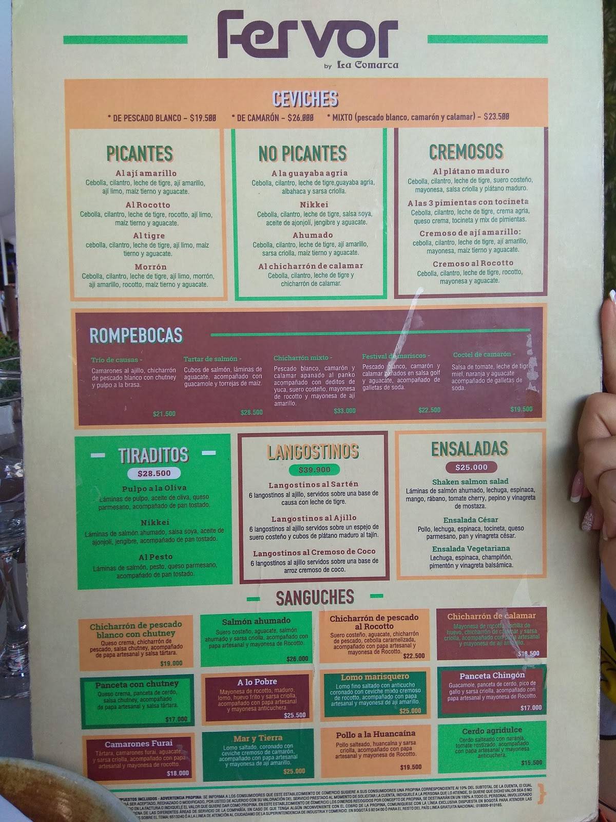 Carta del restaurante Fervor, Ibagué