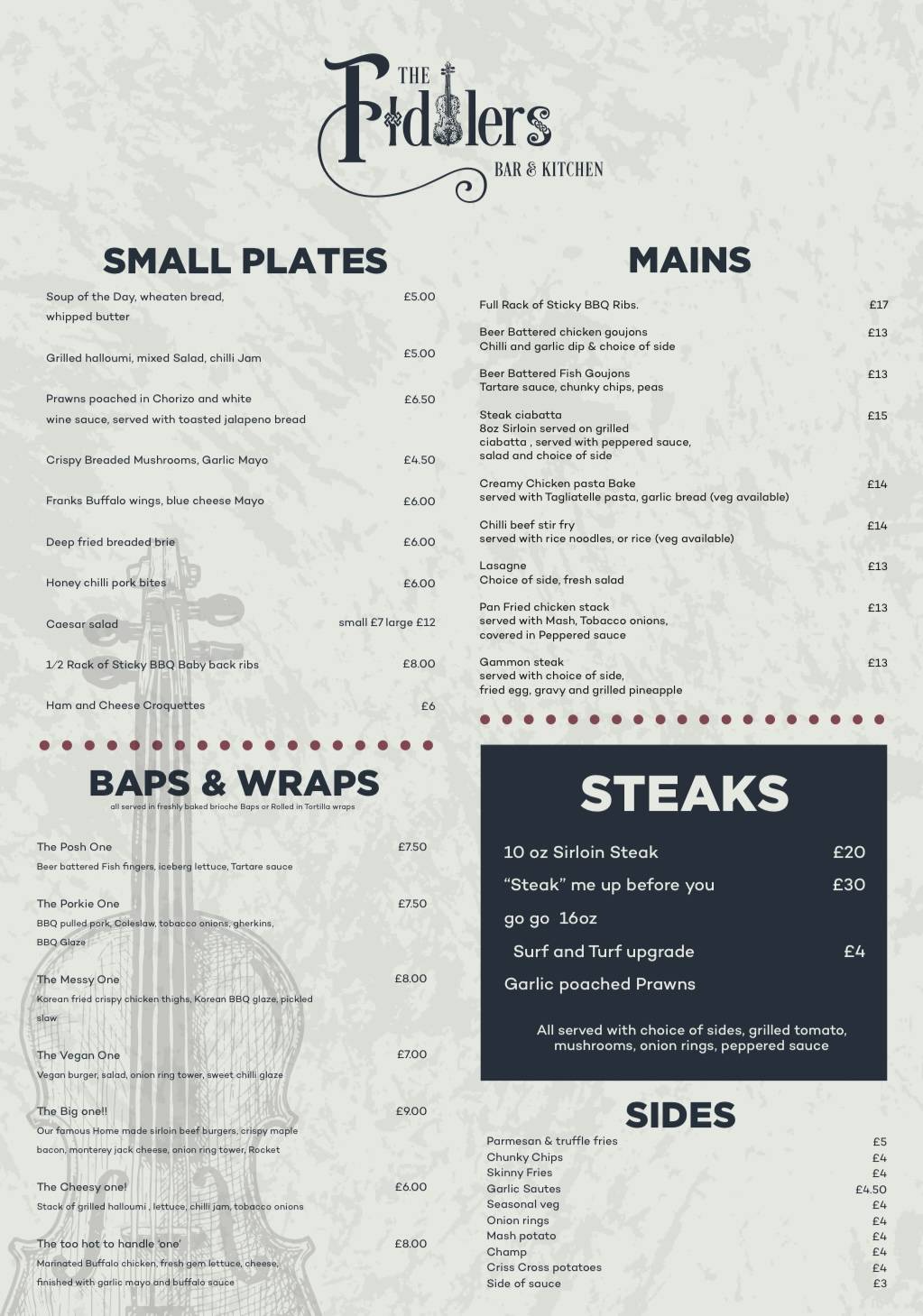 Menu at Fiddlers Inn pub & bar, Crumlin