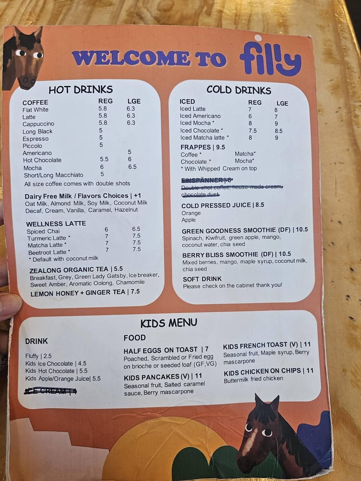 Menu at Filly cafe, Auckland