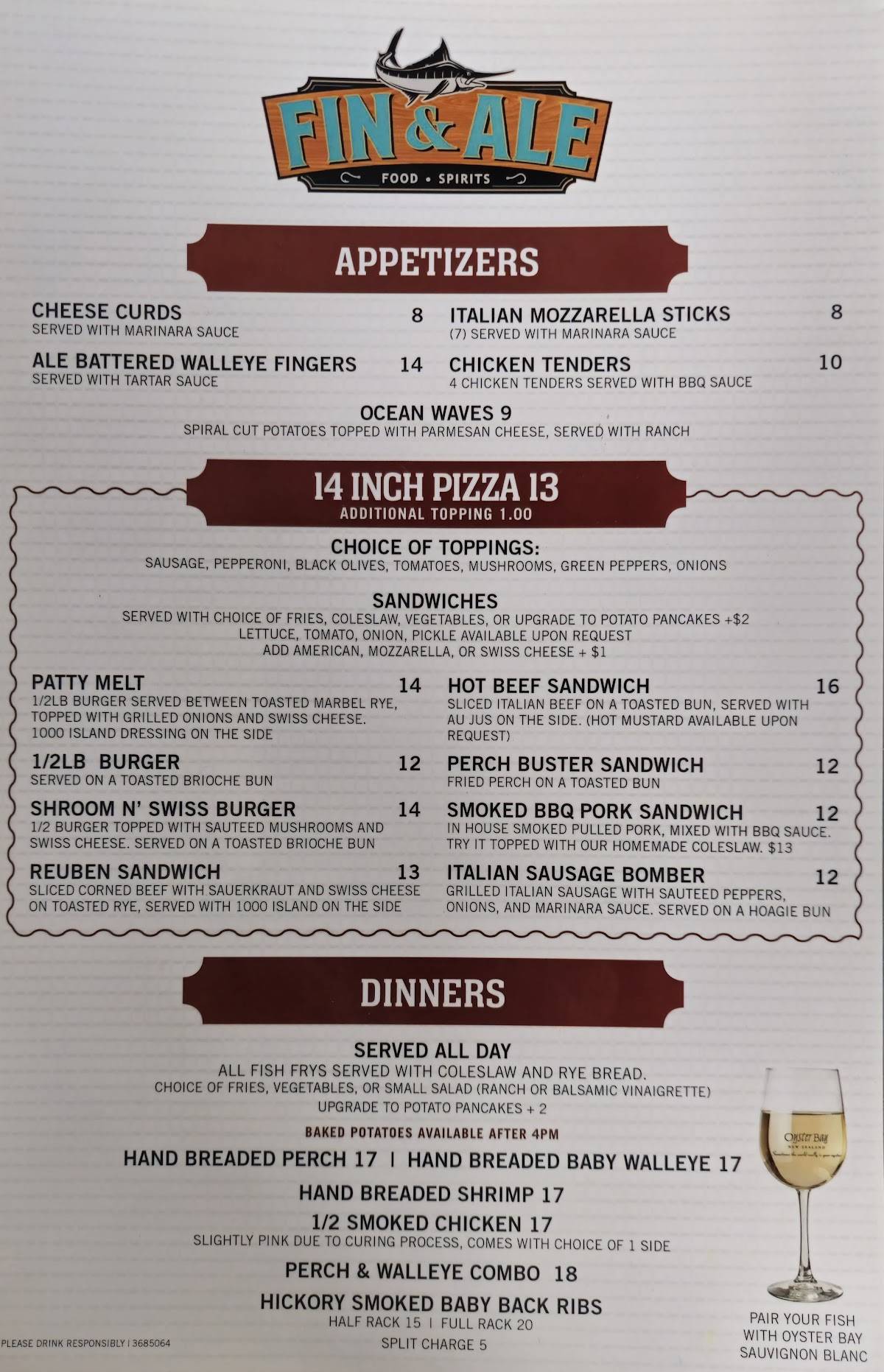 Menu at Fin and Ale pub & bar, Kenosha