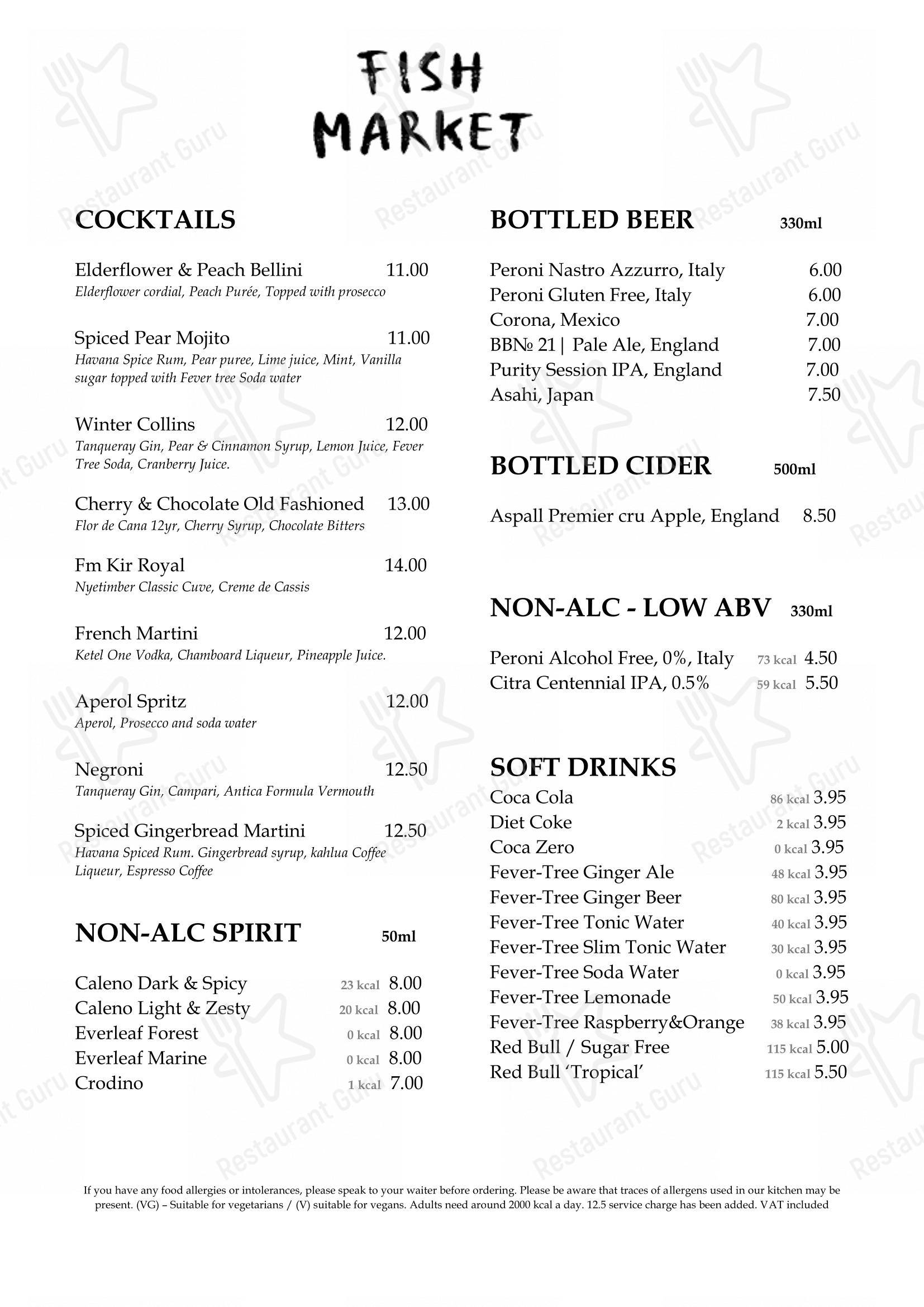 Menu at Fish Market restaurant, London, 16 New St