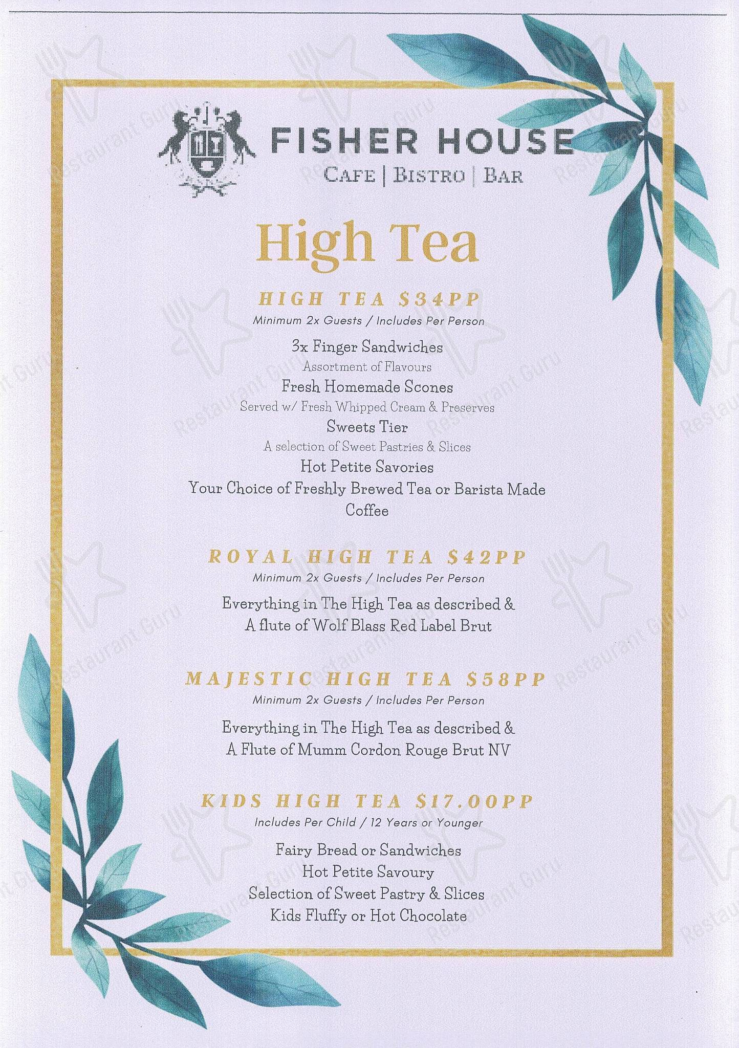 Menu at Fisher House restaurant, Auckland
