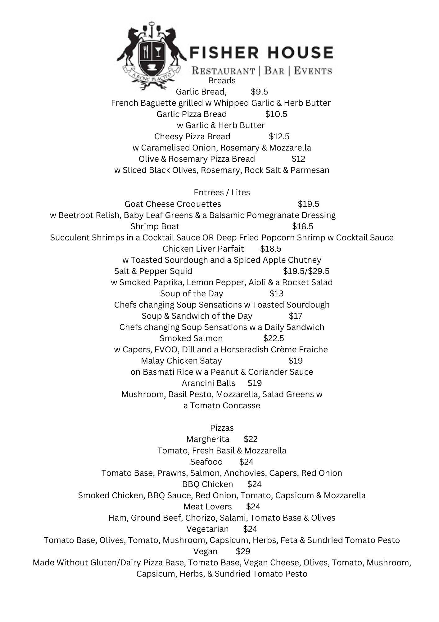 Menu at Fisher House restaurant, Auckland