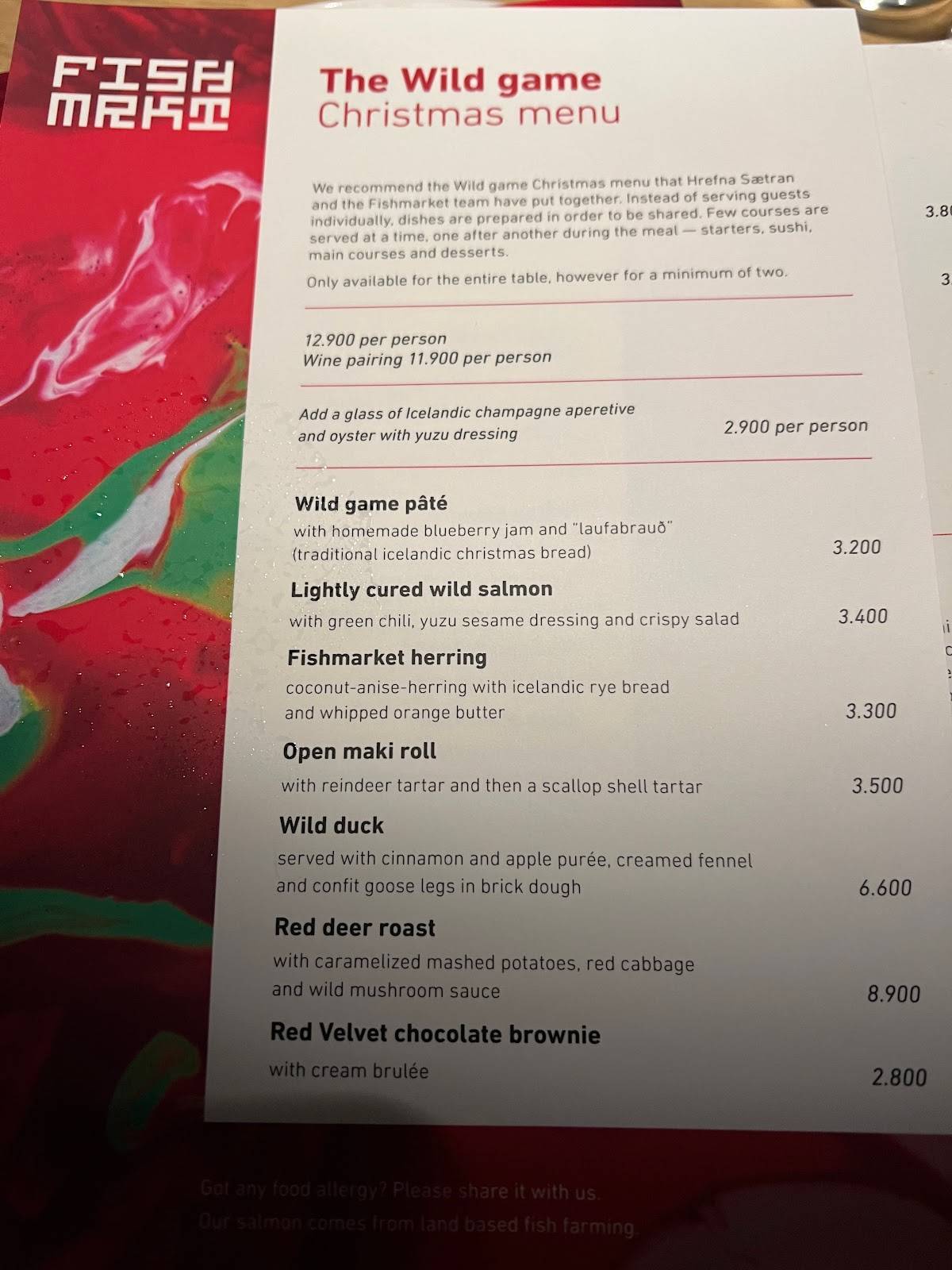 Menu at Fiskmarkaðurinn / Fish Market restaurant, Reykjavík, Aðalstræti 12