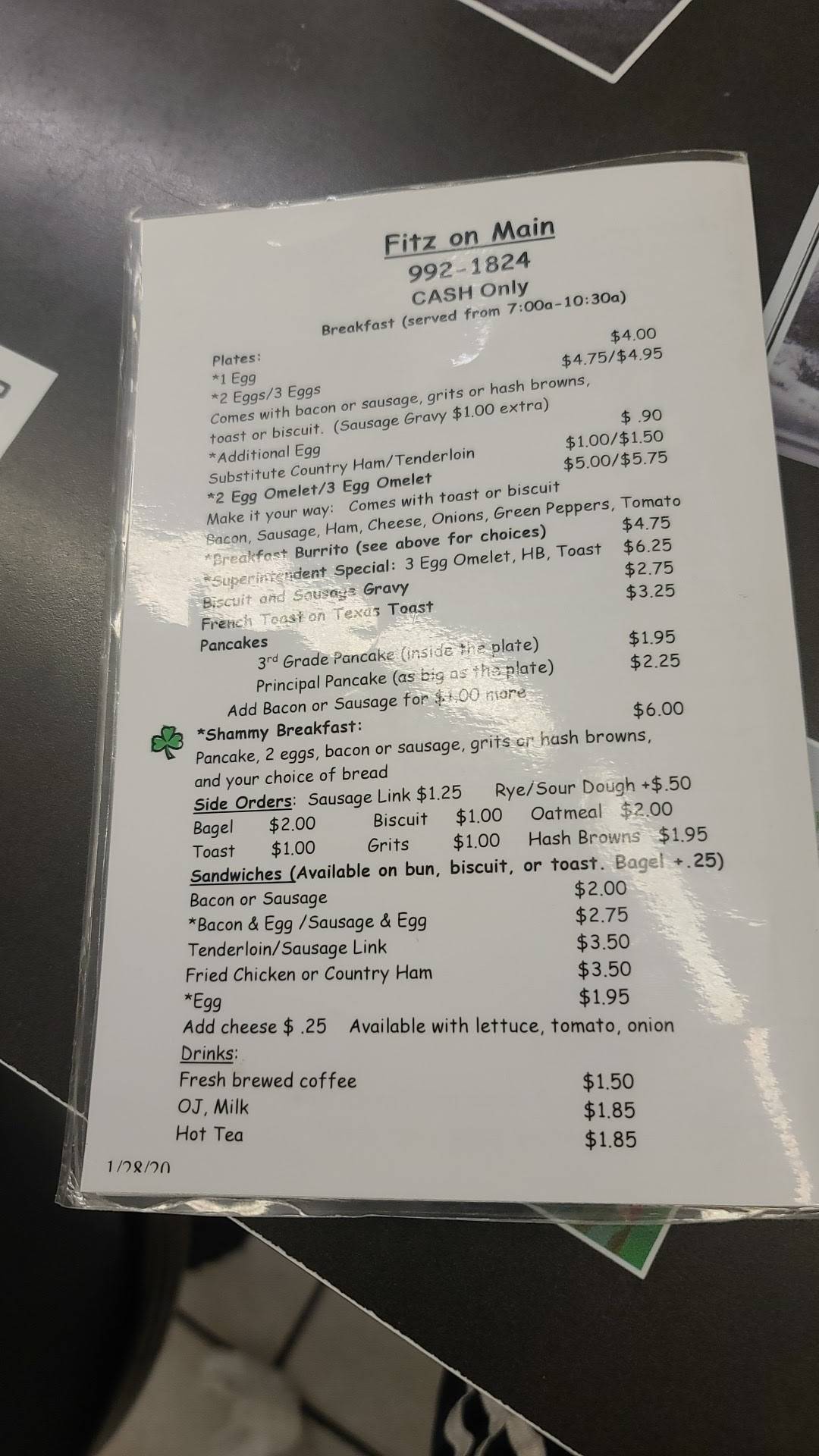Menu at Fitz On Main restaurant, Kernersville