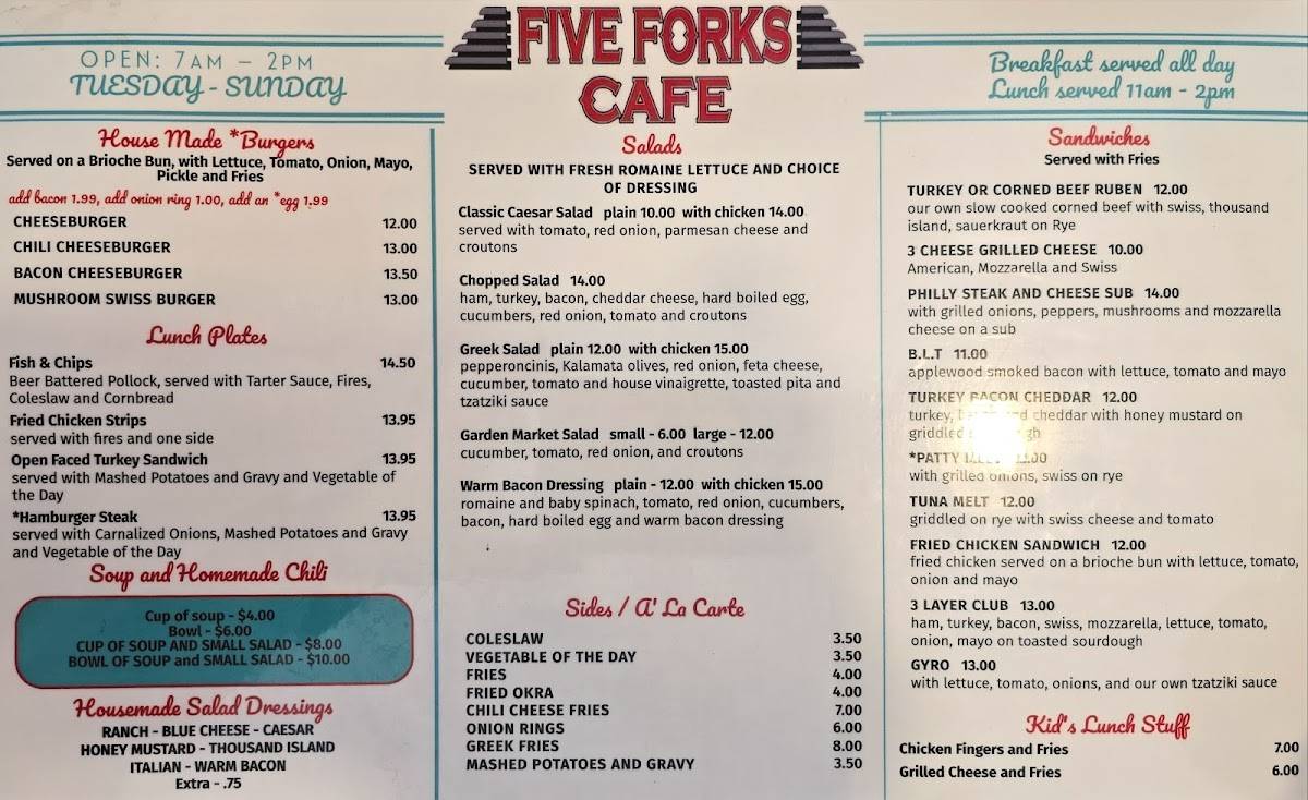 Menu at Five Forks Cafe, Williamsburg, John Tyler Hwy