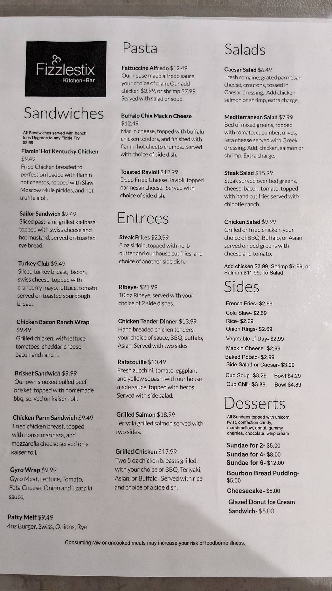 Menu at Fizzlestix restaurant, Massillon