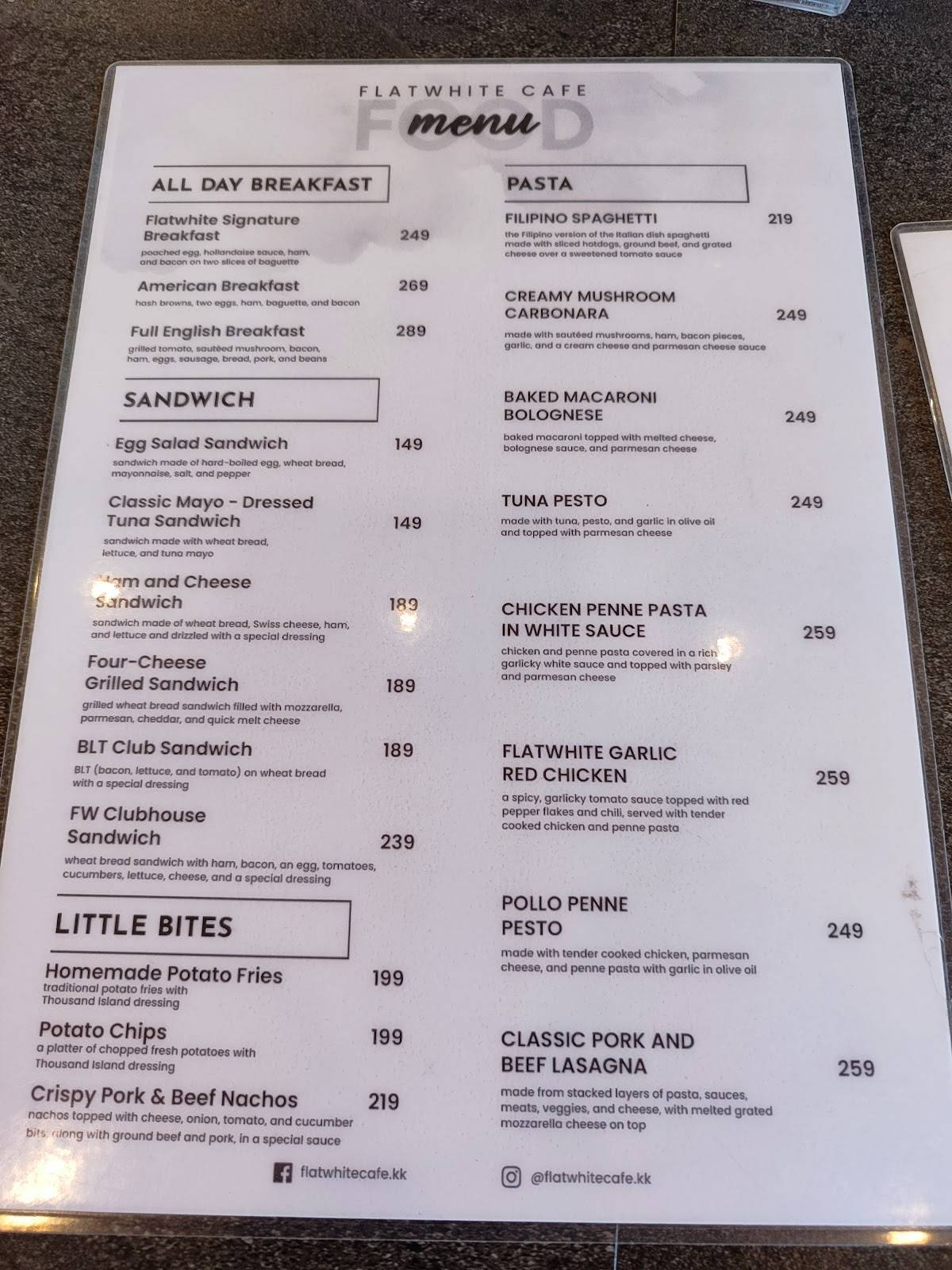 Menu at Flatwhite Cafe Sampaga, Batangas