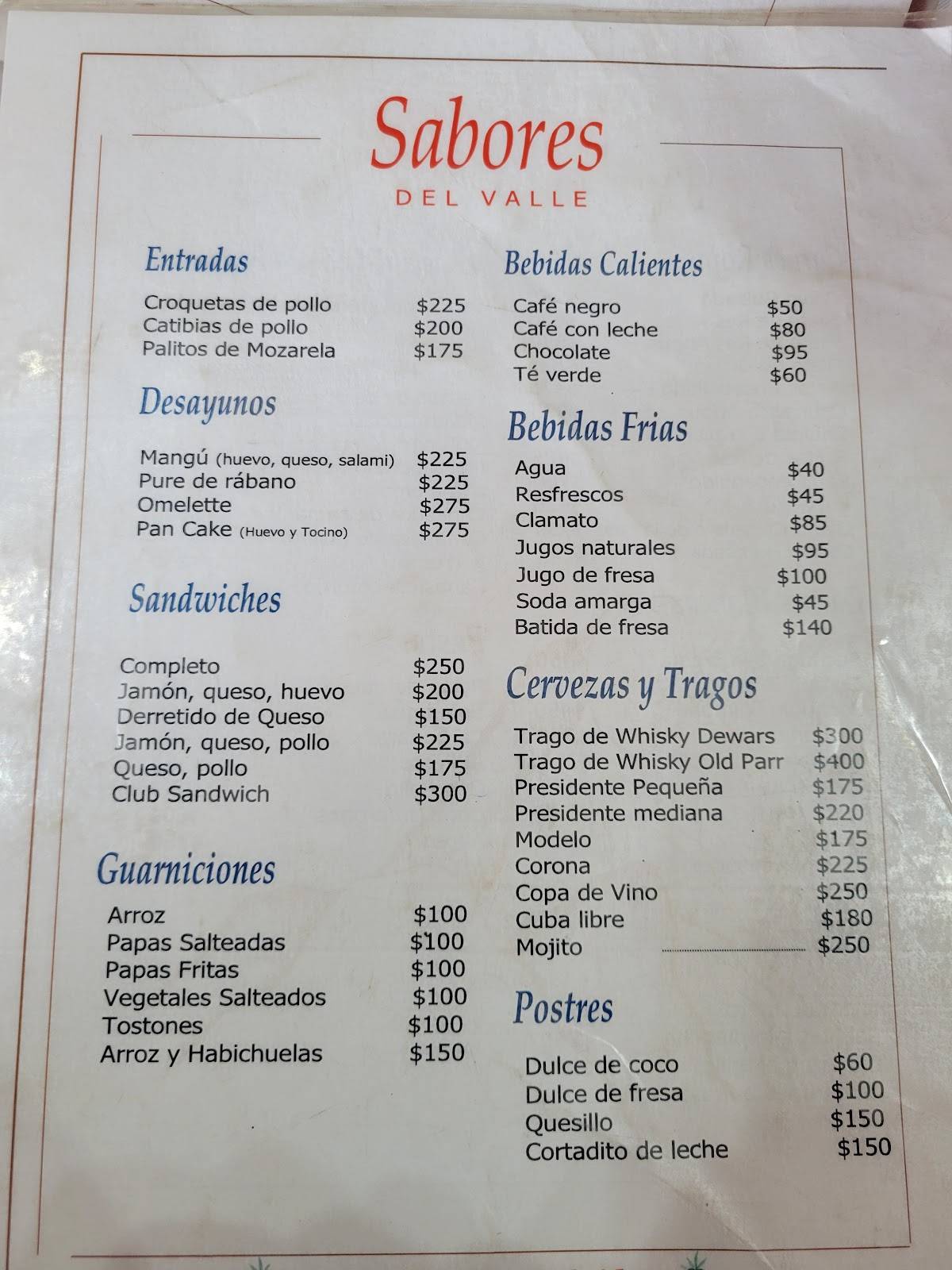 Carta del restaurante Sabores del Valle, Constanza