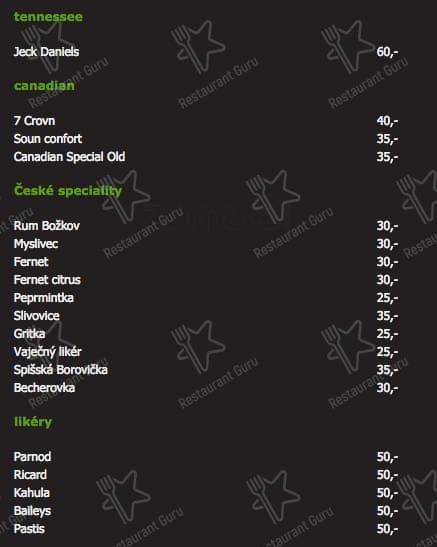 Menu at Fleda club, Brno, Štefánikova 95