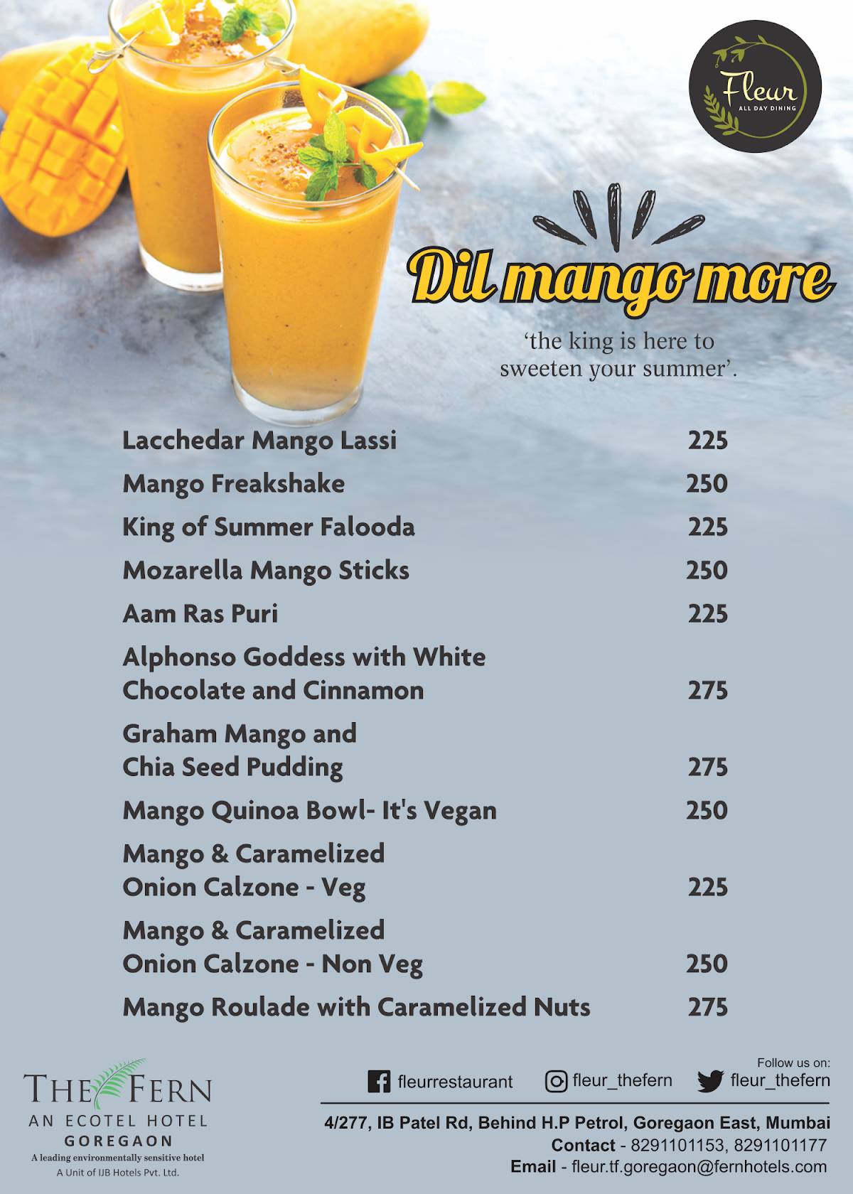 Menu at Fleur Restaurant - The Fern Hotel Goregaon, Mumbai, 4/277