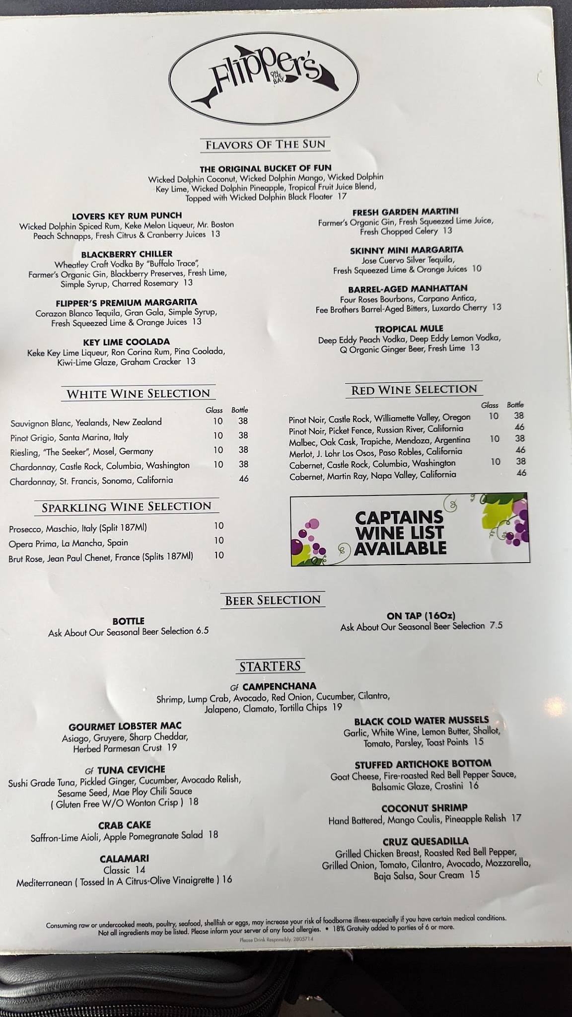 Menu at Flippers restaurant, Fort Myers Beach