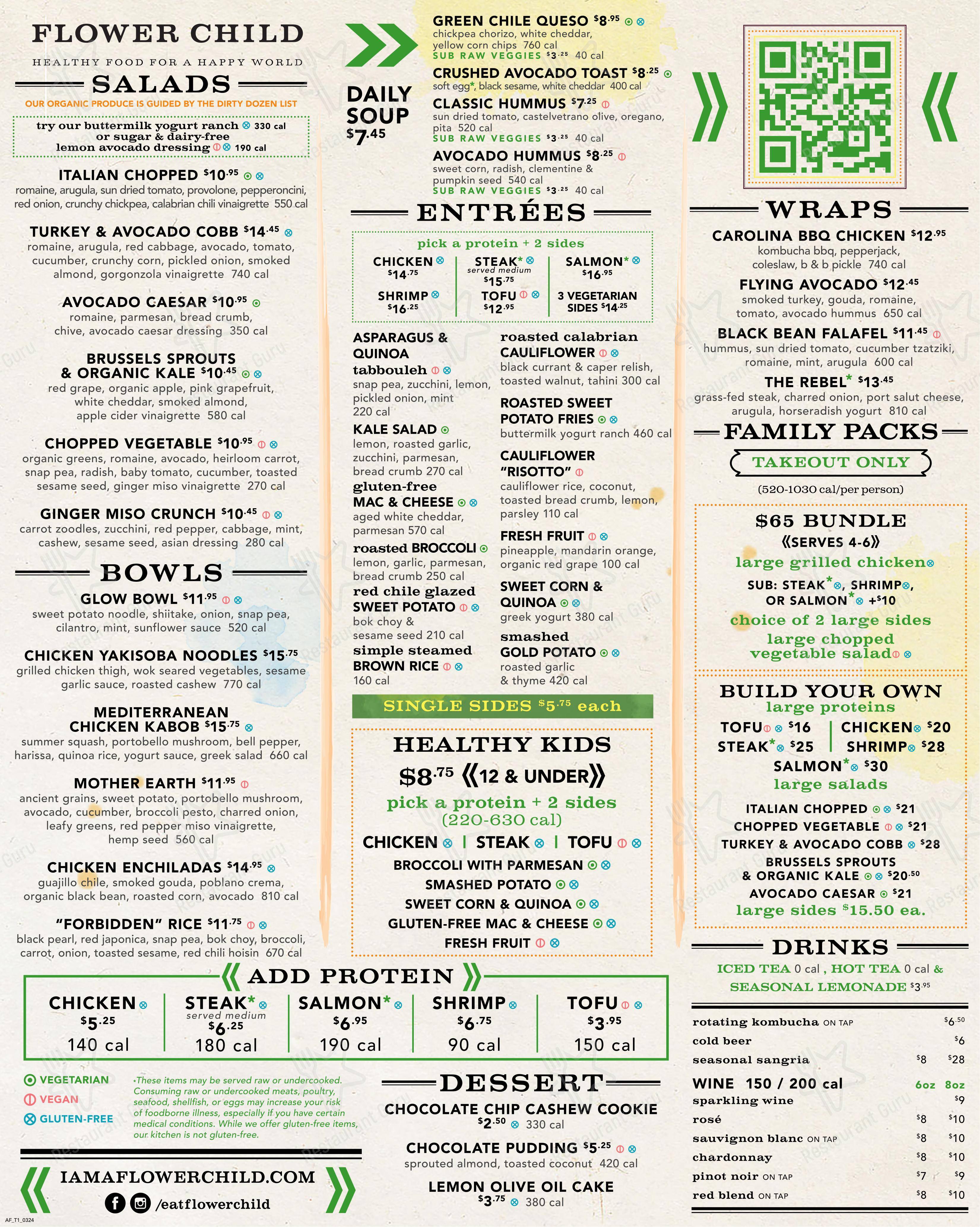 Menu at Flower Child restaurant, Phoenix, N 44th St