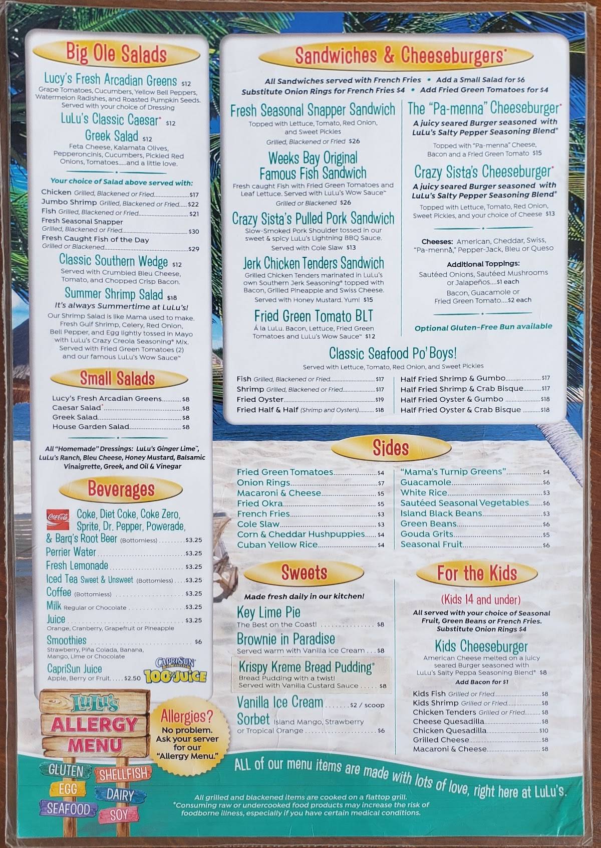 Menu at Lulu's Gulf Shores restaurant, Gulf Shores