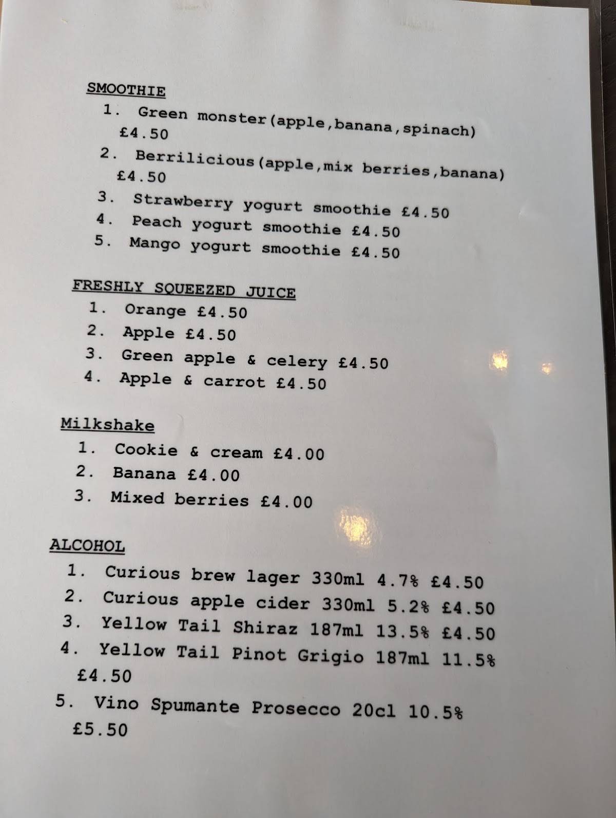 Menu at Brew cafe, Folkestone