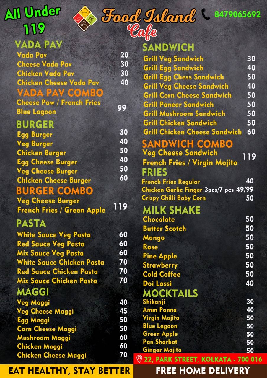 Menu at Food Island Cafe, Kolkata