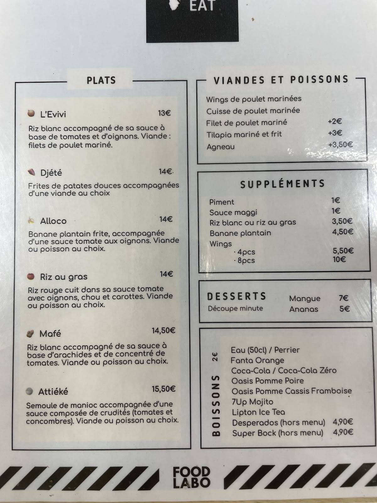 Menu au Food Labo restaurant, Nantes
