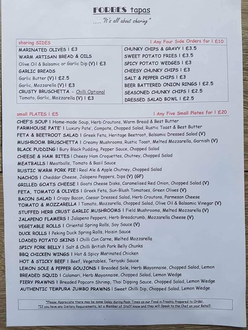 Menu at Forbes on the Lane pub & bar, Wigan