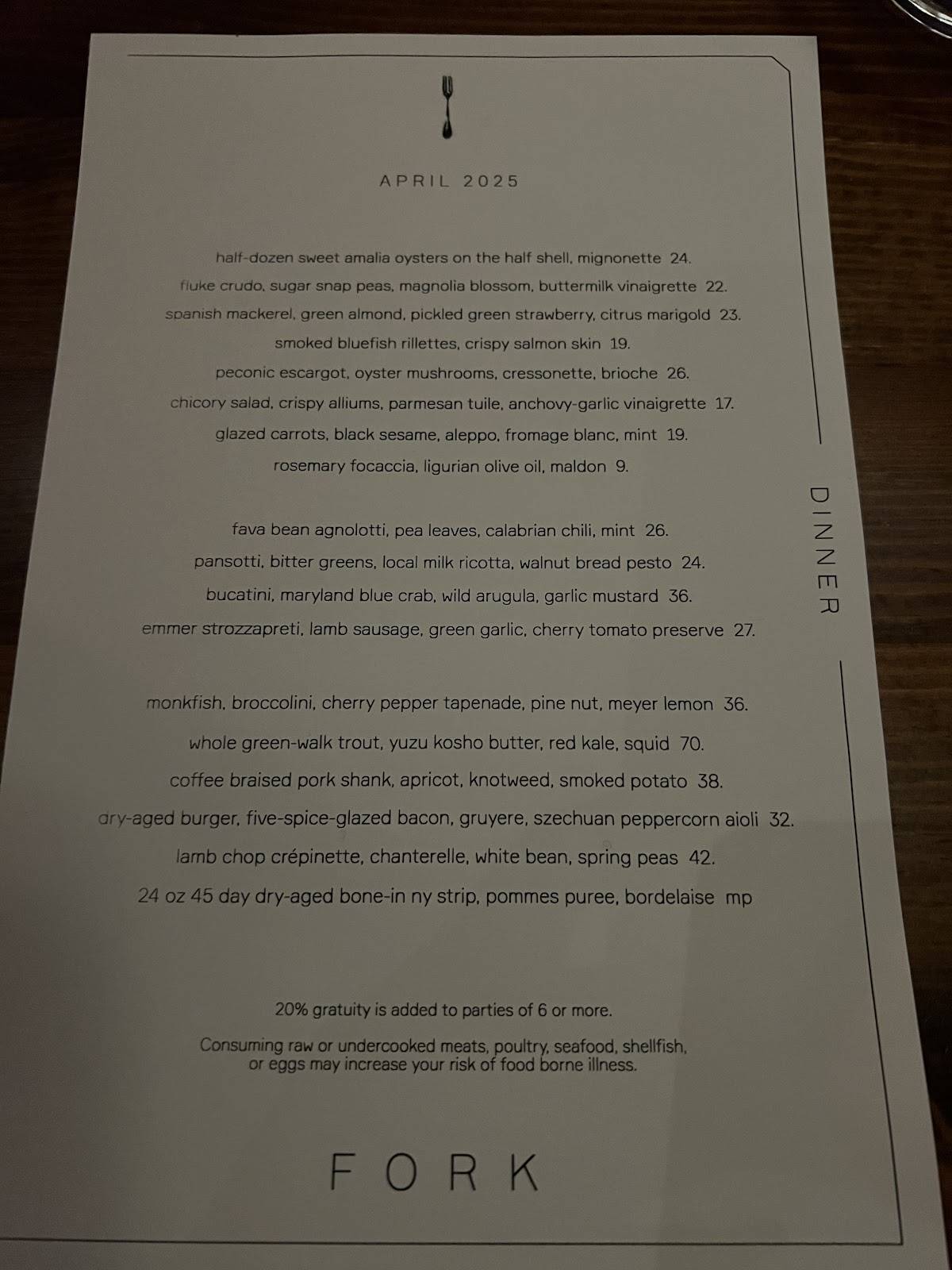 Menu at Fork restaurant, Philadelphia