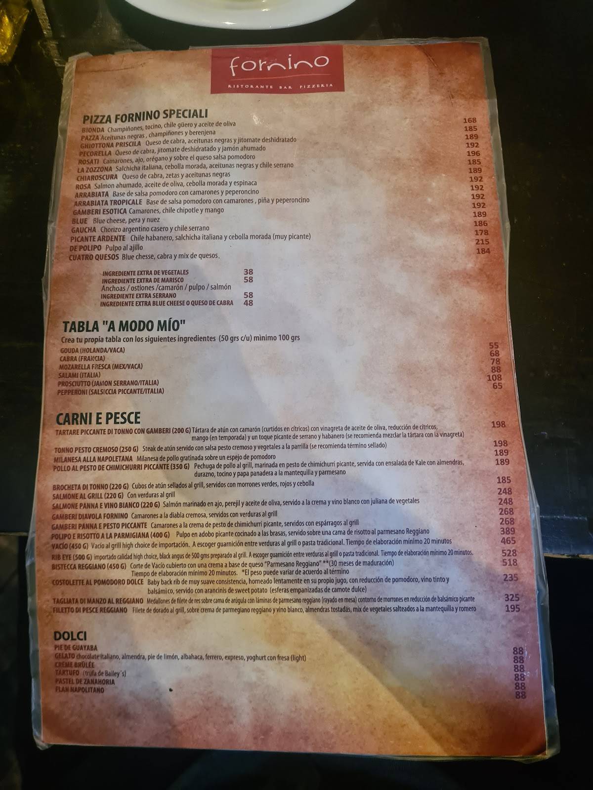 Carta de pizzería Fornino, Zapopan, Av Guadalupe 1269