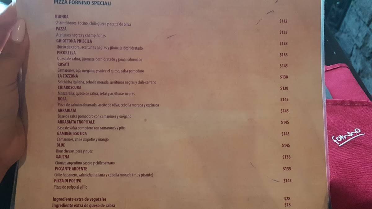 Carta de pizzería Fornino, Zapopan, Av Guadalupe 1269