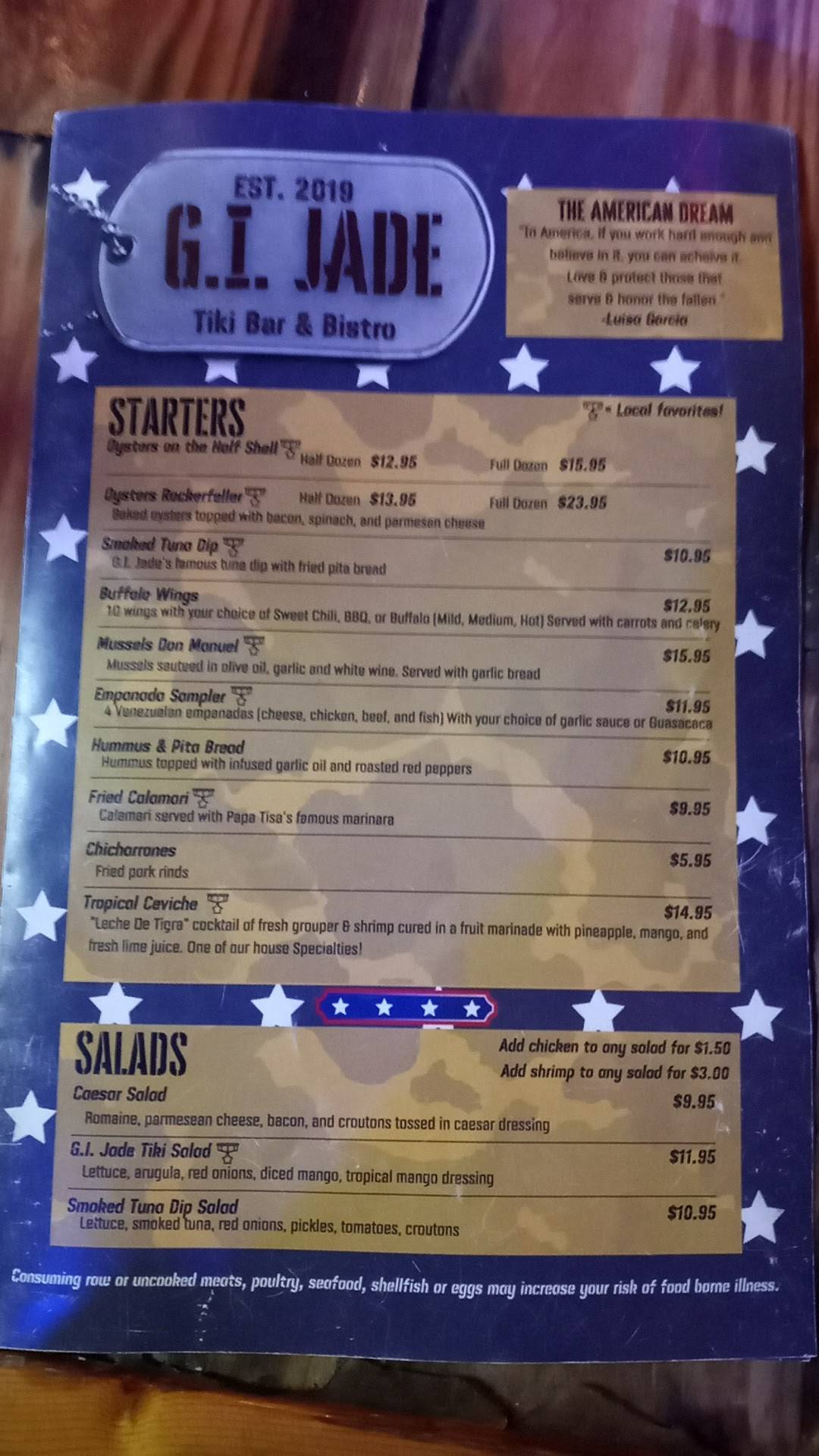 Menu at G.I. Jade Tiki Bar & Bistro, Fort Walton Beach