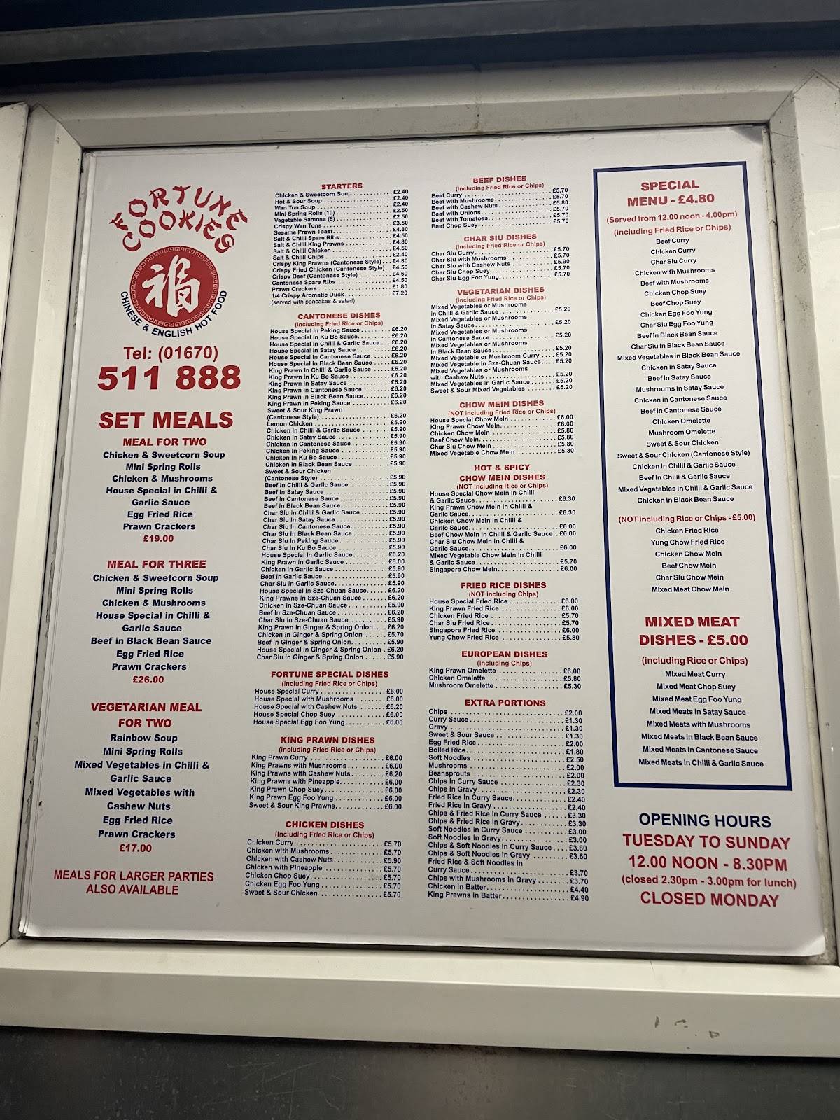 Menu at Fortune Cookies fast food, Morpeth