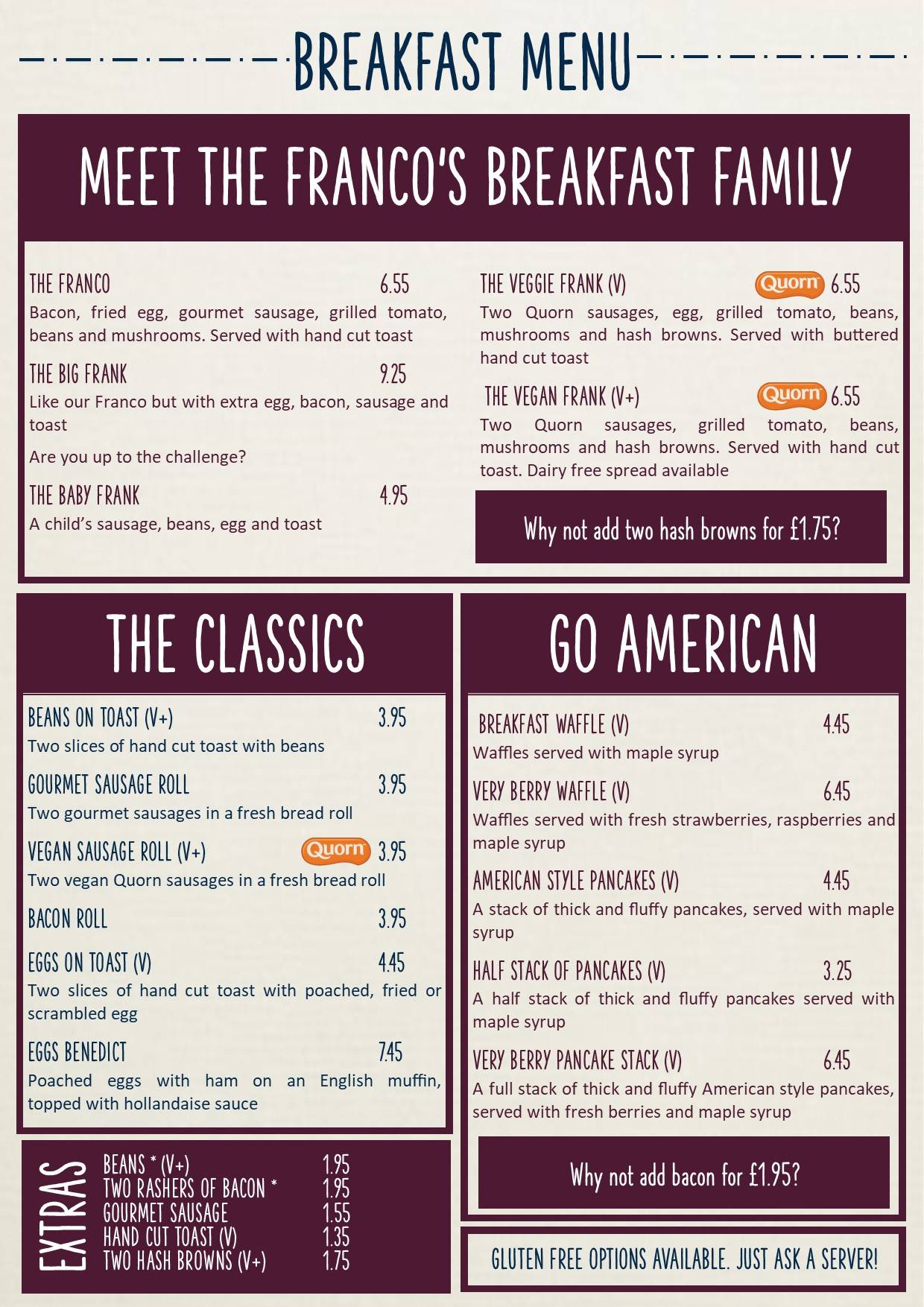 Menu at Franco's Aberavon beach Port Talbot restaurant, Port Talbot