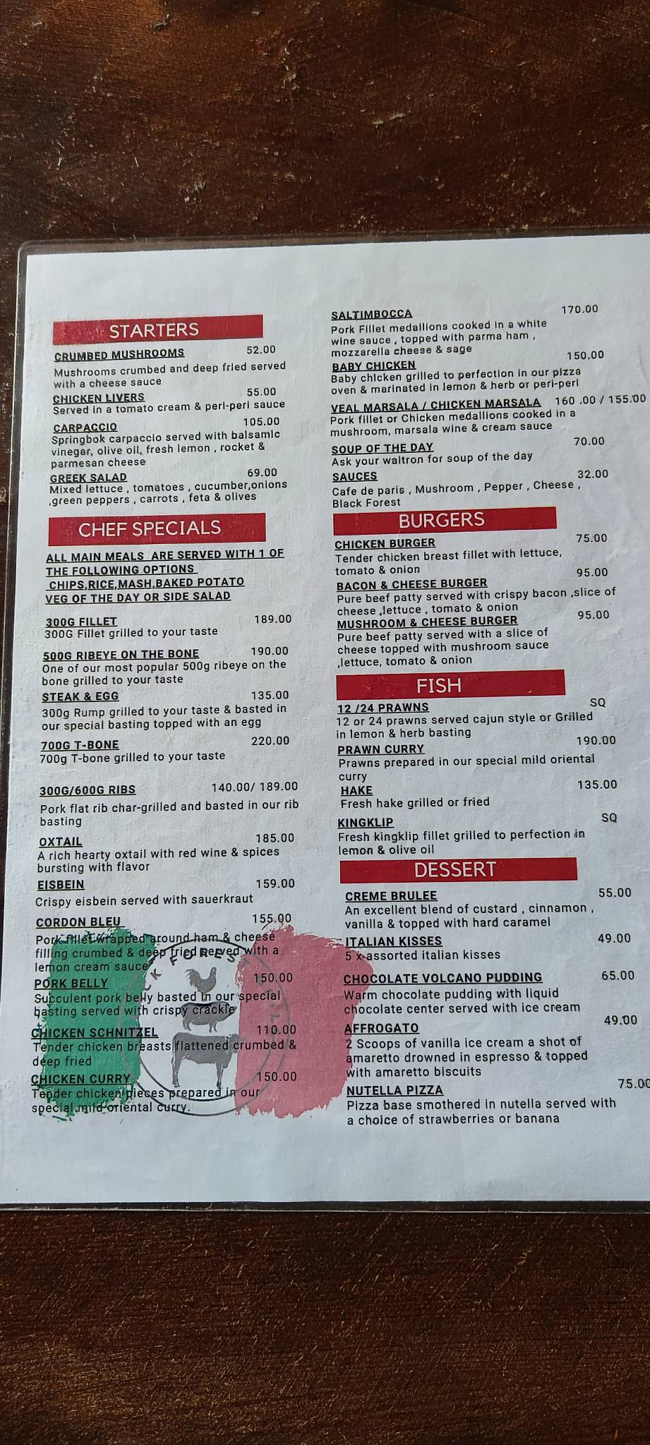 Menu at Franco’s restaurant, Vanderbijlpark, Frikkie Meyer Blvd