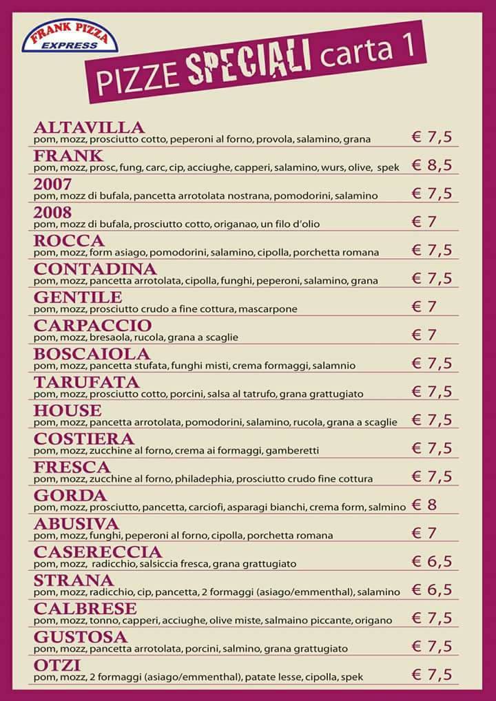 Menu at Frank pizza Express pizzeria, Altavilla Vicentina