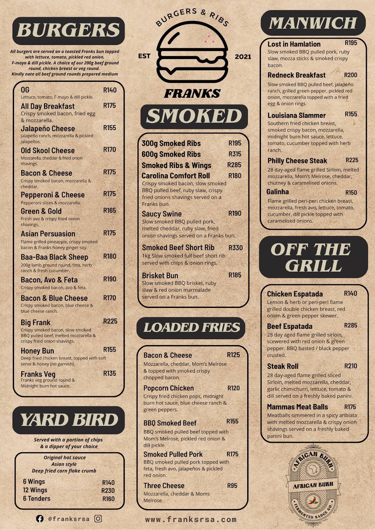Menu at Franks Burgers & Ribs Blairgowrie restaurant, Johannesburg