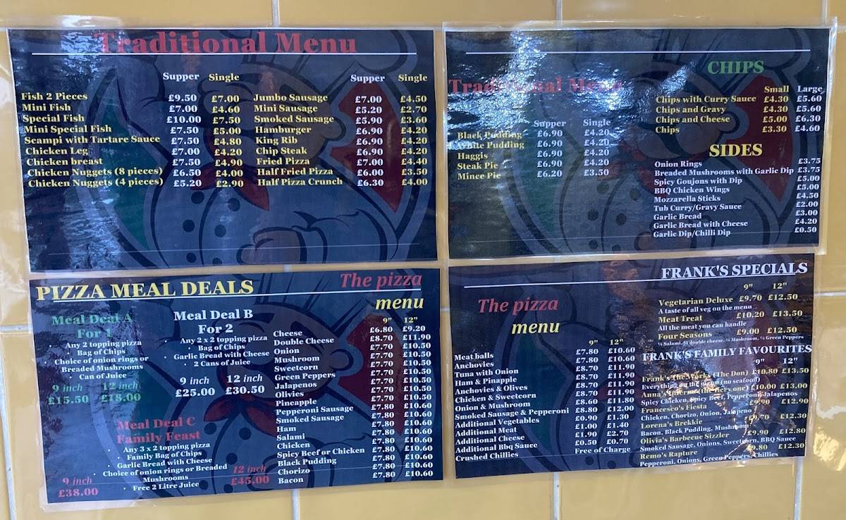 Menu at Franks Fish Chips & Pizza Place pizzeria, Glasgow, 51 Lomond Dr