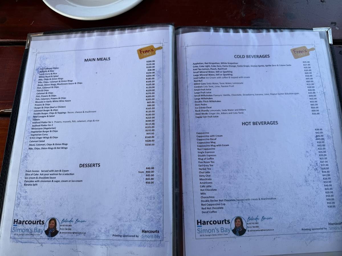 Menu at Fran's Place restaurant, Cape Town, 111 Jubilee St