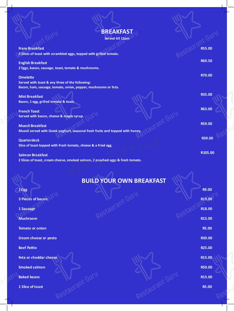 Menu at Fran's Place restaurant, Cape Town, 111 Jubilee St
